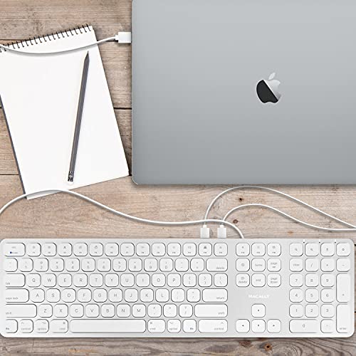 Macally Premium Wired Mac Keyboard with Number Keypad and 2 Port Hub - Compatible Apple Keyboard Wired - Extended USB Keyboard for Mac Mini/Pro, iMac, MacBook Pro / Air (Silver Aluminum)