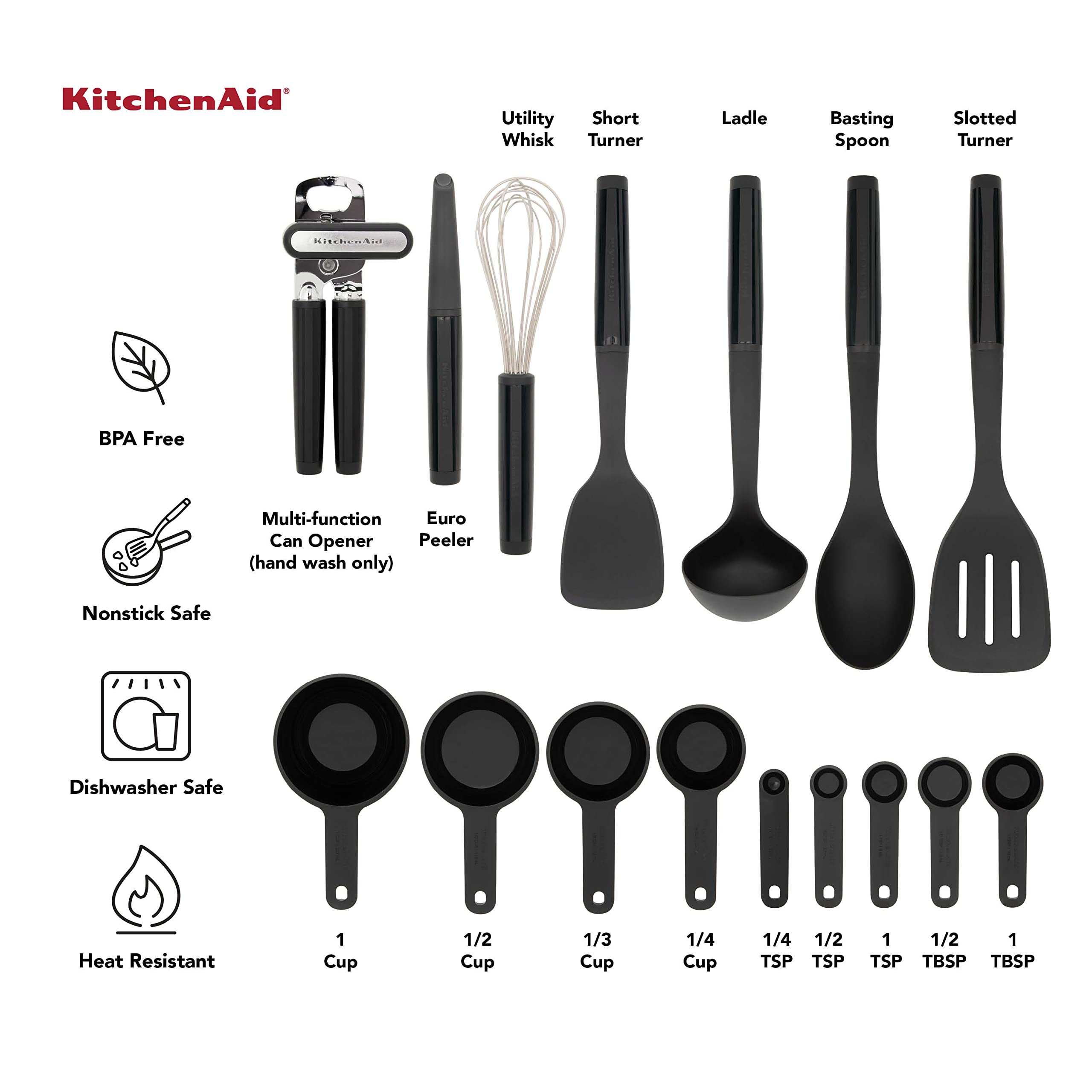 KitchenAid Gourmet 14-Piece Forged Triple Rivet Block Set with Built-in Knife Sharpener, Natural & Universal Tool and Gadget Set, 16 Piece, Black