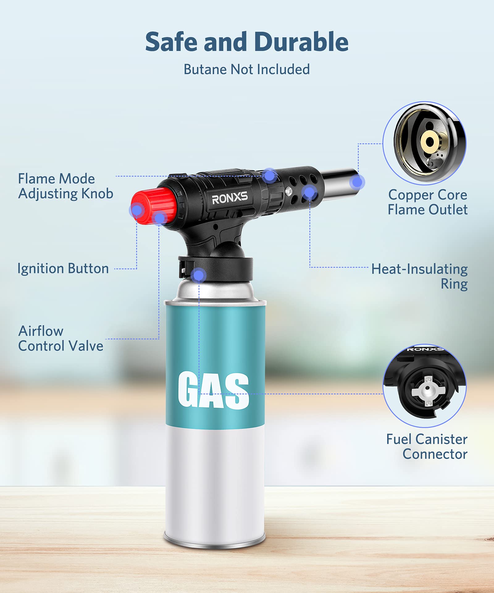 RONXS Butane Torch lighters, 2 Flame Mode Kitchen Cooking Torch with Inverted Use Adjustable Flame Culinary Blow Torch for BBQ, Baking, Sushi, Butane Not Included