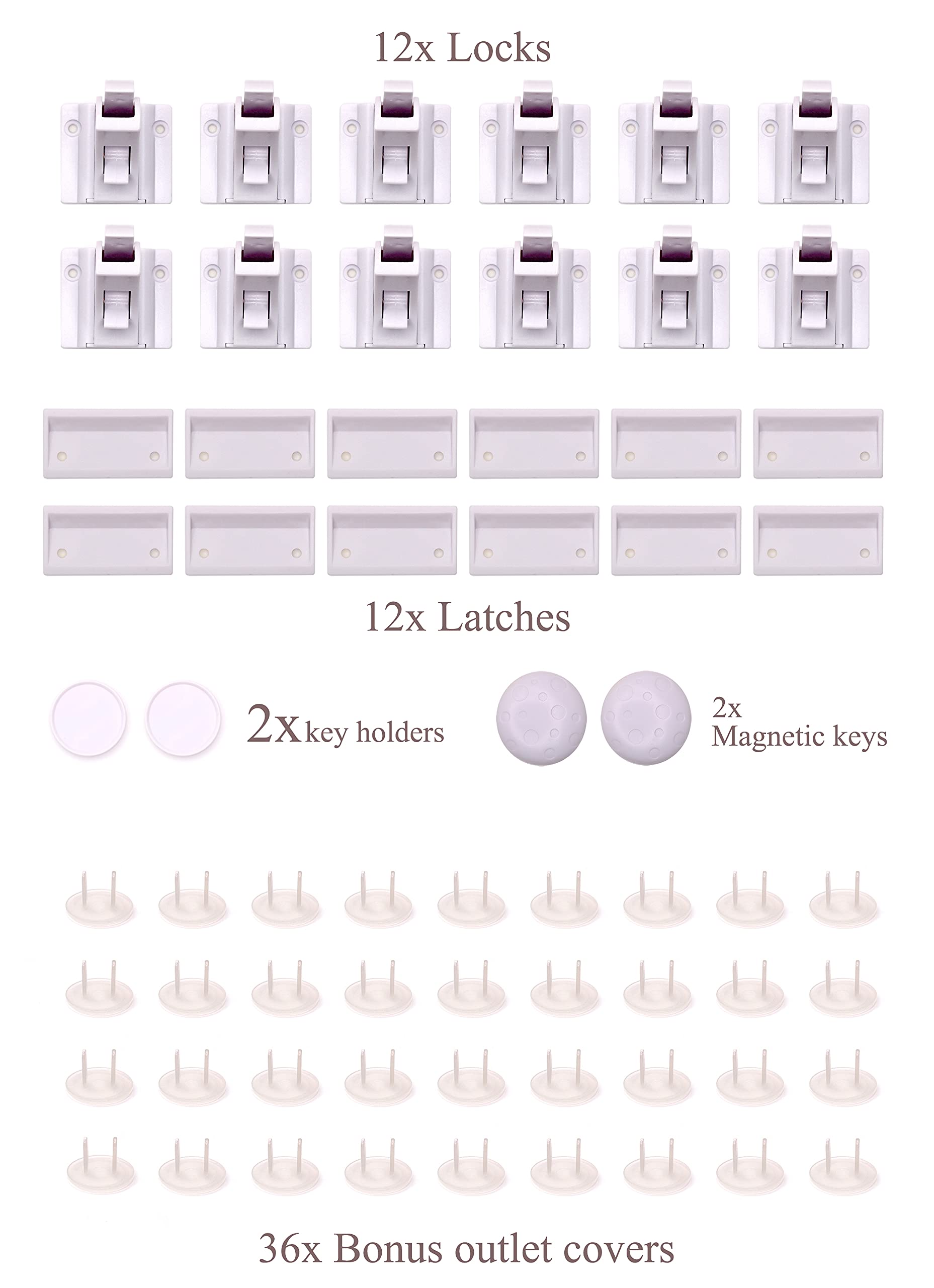 LLeeLaX Magnetic Cabinet Locks | Quick & Easy Installation to Baby & Child Proof Home | No Drills, No Tools required | 12 locks + 2 keys | Bonus 36 Electric outlet covers