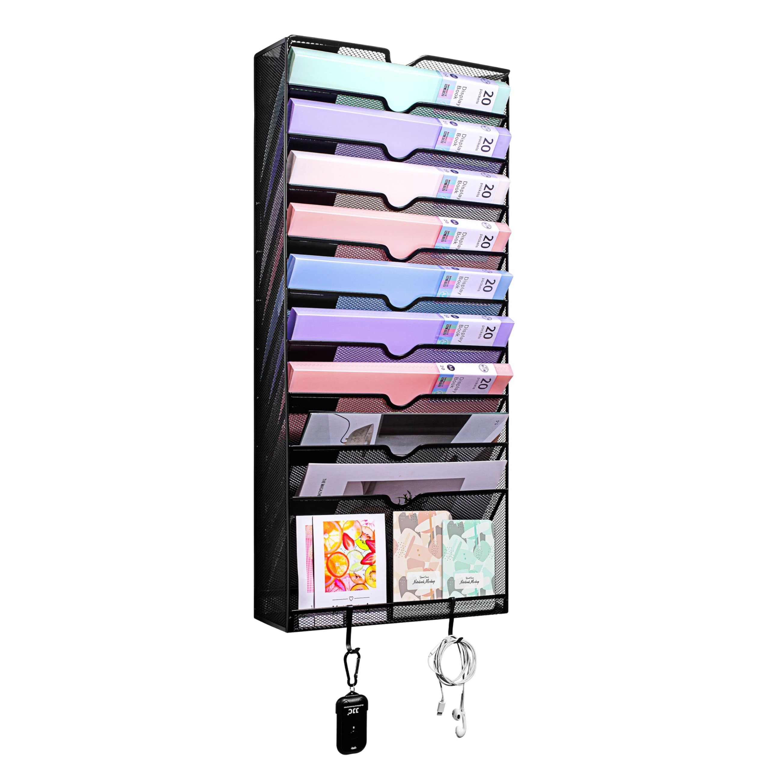 Klickpick Office 11 Sections Hanging Files Wall Mounted Metal Mesh File Document Organizer Magazine Holder Rack Organizer Racks Multipurpose Use to Display Files, Magazine, Newspapers- Black