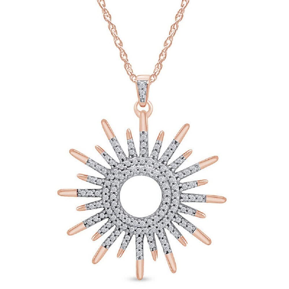 Round Cut White Diamond 925 Sterling Silver 14K Rose Gold Over Diamond Sunburst Pendant Necklace for Women's