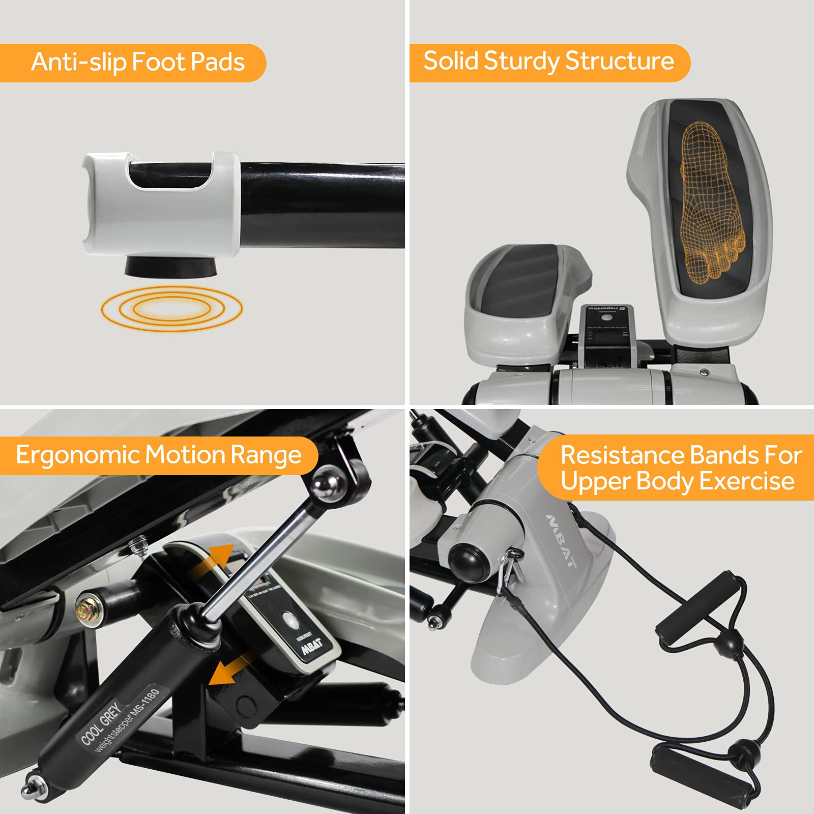 MBAT Mini Stepper Exercise Machine with LCD Monitor and Resistance Bands Wide Non-Slip Pedals, Grey
