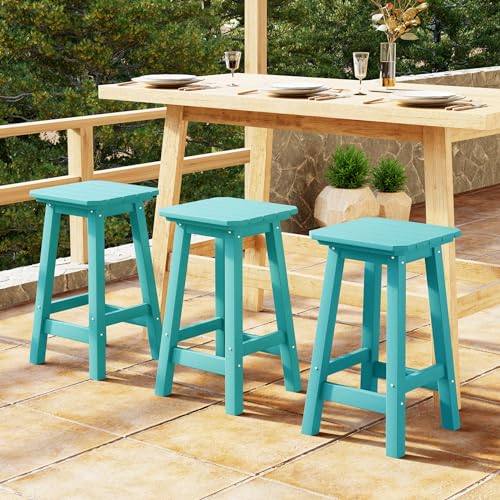WestinTrends Malibu 24" HDPE Outdoor Patio Counter High Backless Square Bar Stools Set of 3, Turquoise
