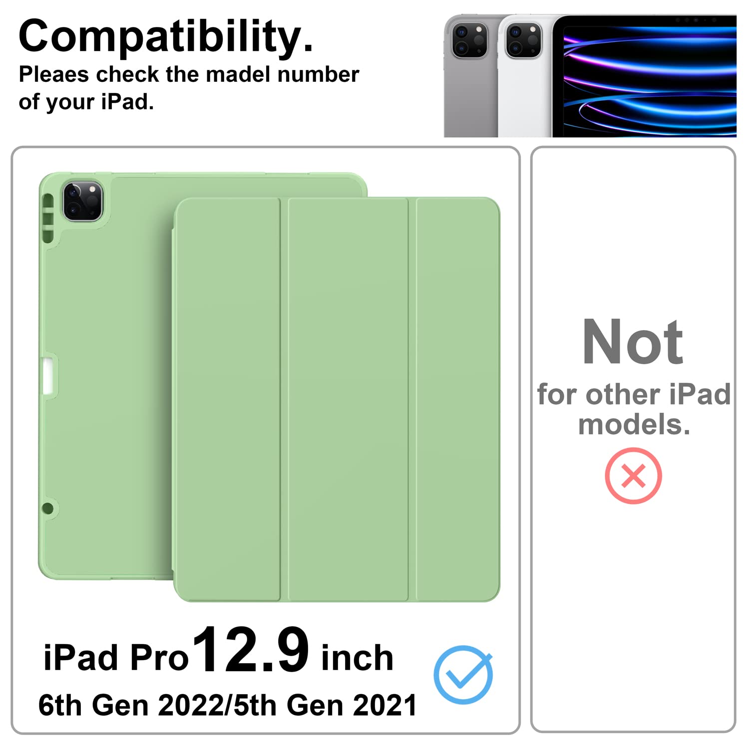 Supveco New iPad Pro 12.9 Inch Case 2022/2021 (6th/5th Gen) with Pencil Holder [Support iPad 2nd Gen Pencil Charging/Pair],Trifold Stand Smart Case with Soft TPU Back,Auto Wake/Sleep-(Green)