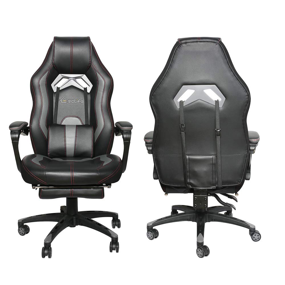 Massage Gaming Chair Racing ,Office Chair Video Game Chair,High Back PU Leather PC Racing Computer Desk Office Swivel Recliner with Retractable Footrest and Adjustable Lumbar Cushion Support (Grey)