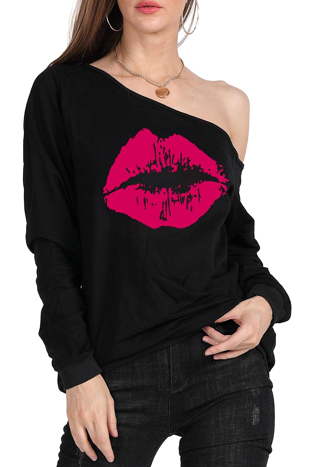 MAGICMK Woman’s Sweatershirt Lips Print Causal Blouse Off The Shoulder Long Sleeve Loose Slouchy Pullover Plus Size Tops…(XXXL)