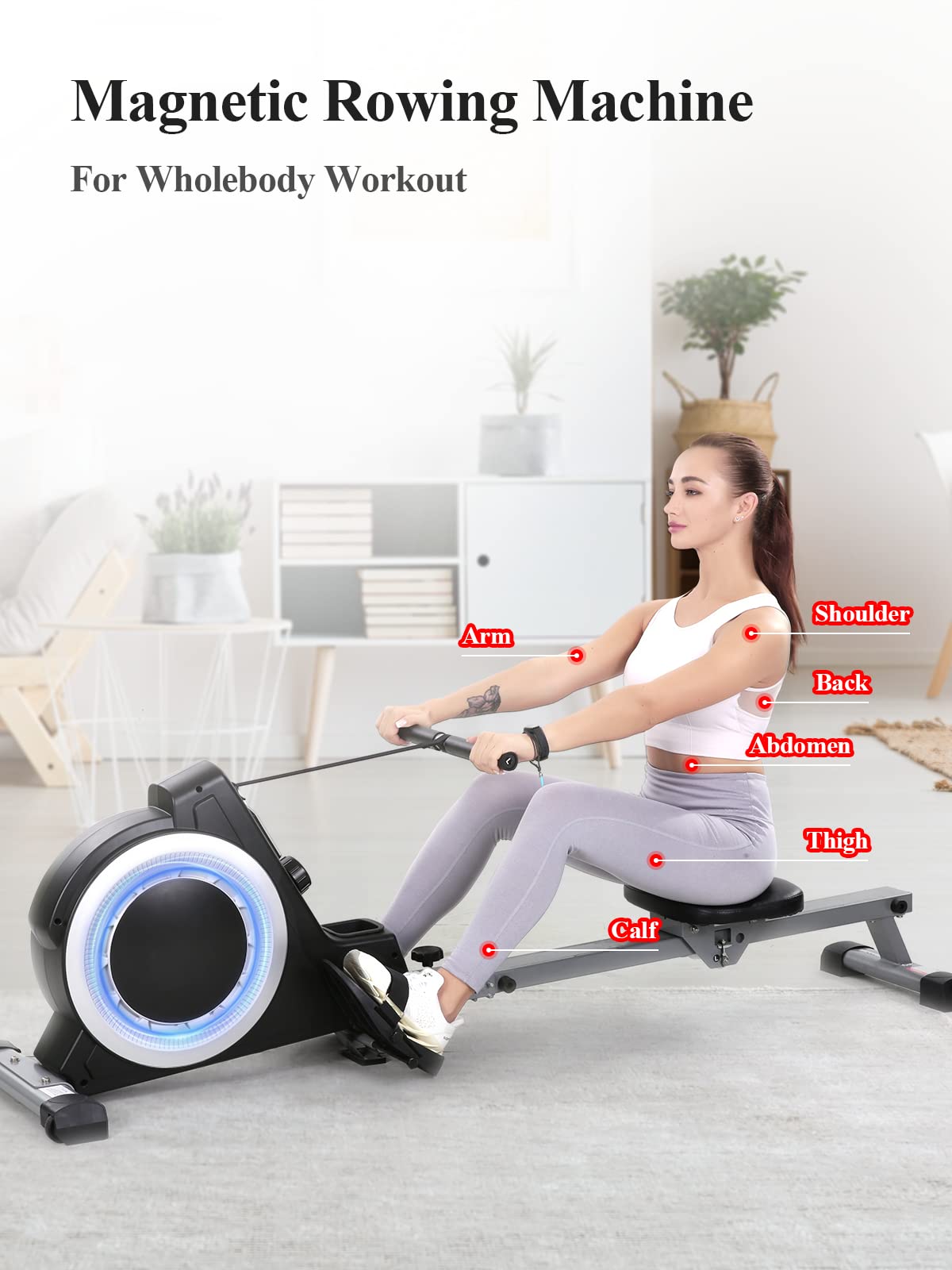 Rowing Machine for Home Use Magnetic Folding Rower Exercise Whole-Body Training Equipment with 16 Levels Resistance
