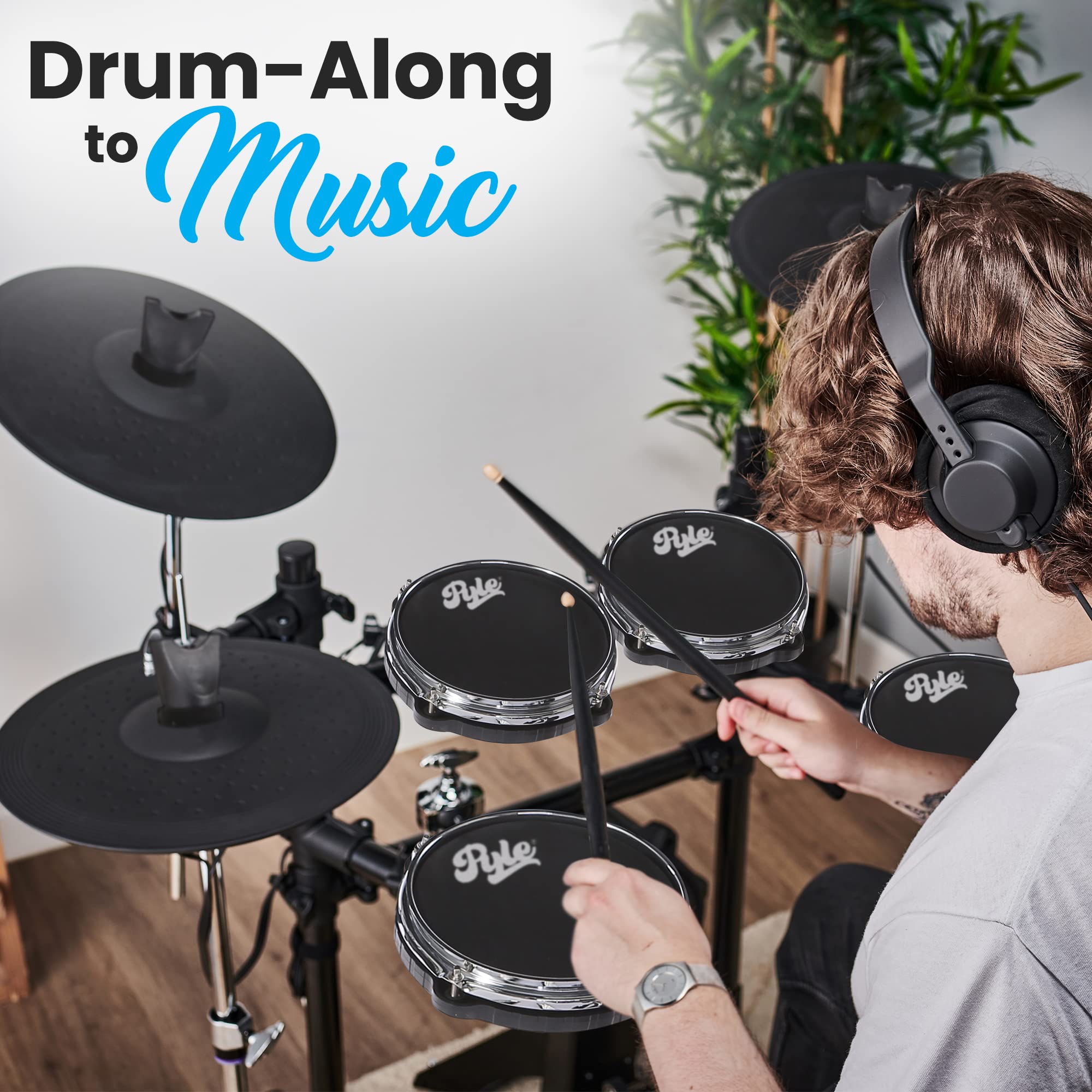 Pyle Electric Drum Set-Portable Quiet Electronic Kit with Mesh, Touch Sensitive Pads for Beginner, Supports MIDI (Mac & PC), Easy to Setup, Sticks Included for Home&Outdoor-PTEDK86 Black