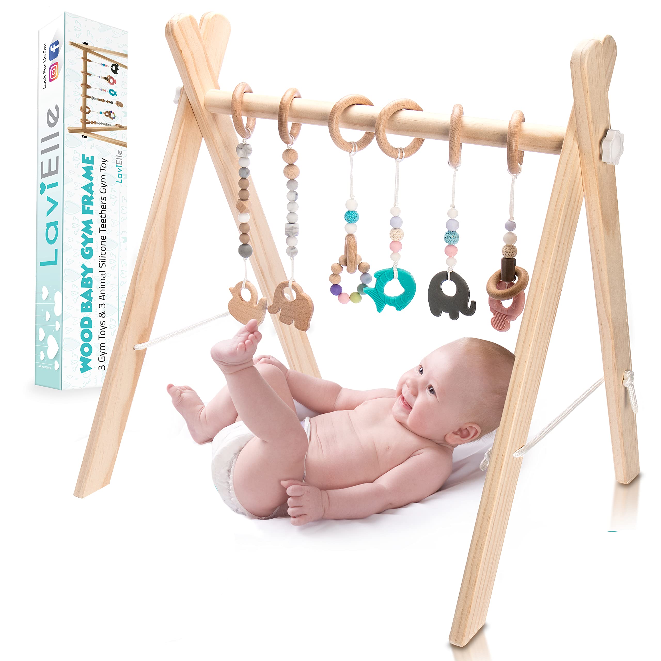 LAVIELLE Wooden Baby Gym Set with 6 Hanging Teethers, Montessori Foldable Play Gym for Newborns, Ideal Nursery Activity Center, Perfect Giftable Toy Set