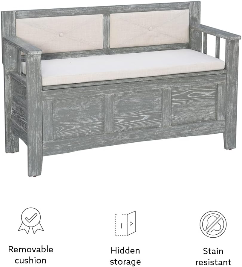 Linon Weathered Grey Carlton Storage Bench with Beige Upholstered Back and Cushioned Seat
