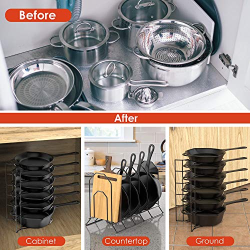 MUDEELA 6 Tier Heavy Duty Pan Organizer, Pan Rack Holds Cast Iron Skillets, Griddles and Shallow Pots, Pan Organizer Rack for Cabinet Kitchen, Durable Steel Construction, No Assembly Required