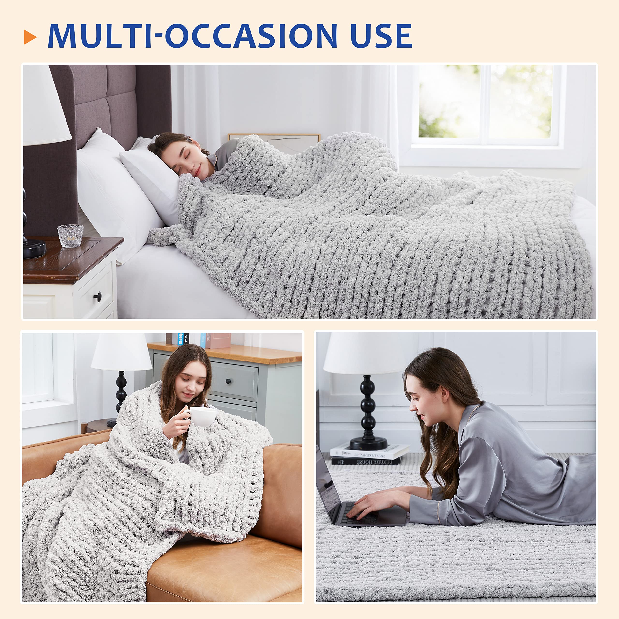 L'AGRATY Chunky Knit Blanket Throw,Soft Chenille Yarn Throw Blanket 40x50,Handmade Thick Cable Knit Crochet Blanket,Large Knit Blanket Chunky Yarn,Rope Knot Throw Blanket for Couch Sofa Bed Home Decor