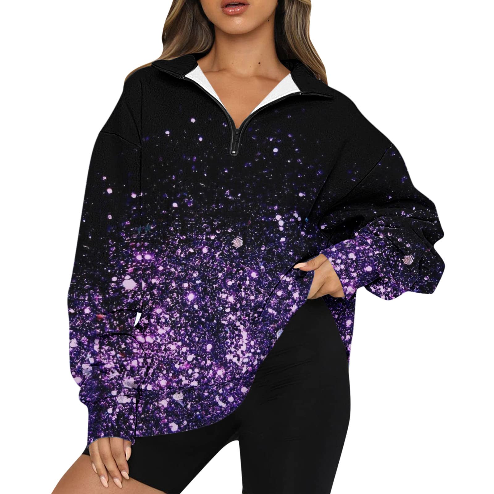 NKSUDET Sweatsuit Women Womens Oversized Half Zip Pullover Long Sleeve Gradient Print Sweatshirt Quarter Zip Trendy Hoodie,Todays Daily Deals A-purple