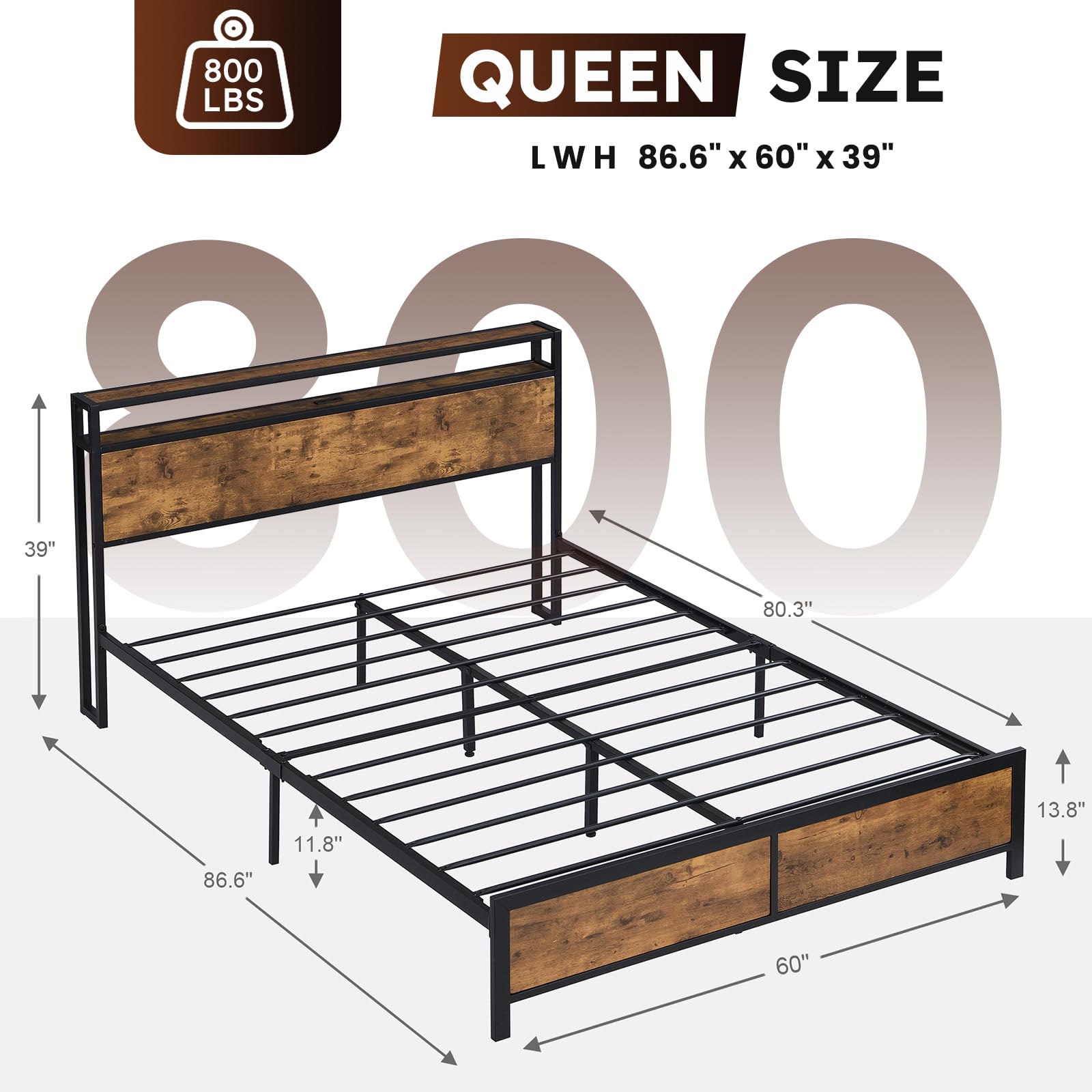 Kiivakii Queen Size Bed Frame with Headboard Storage, LED Platform Bed Built in USB Ports, Noise Free, Heavy Duty No Box Spring Needed, Rustic Brown