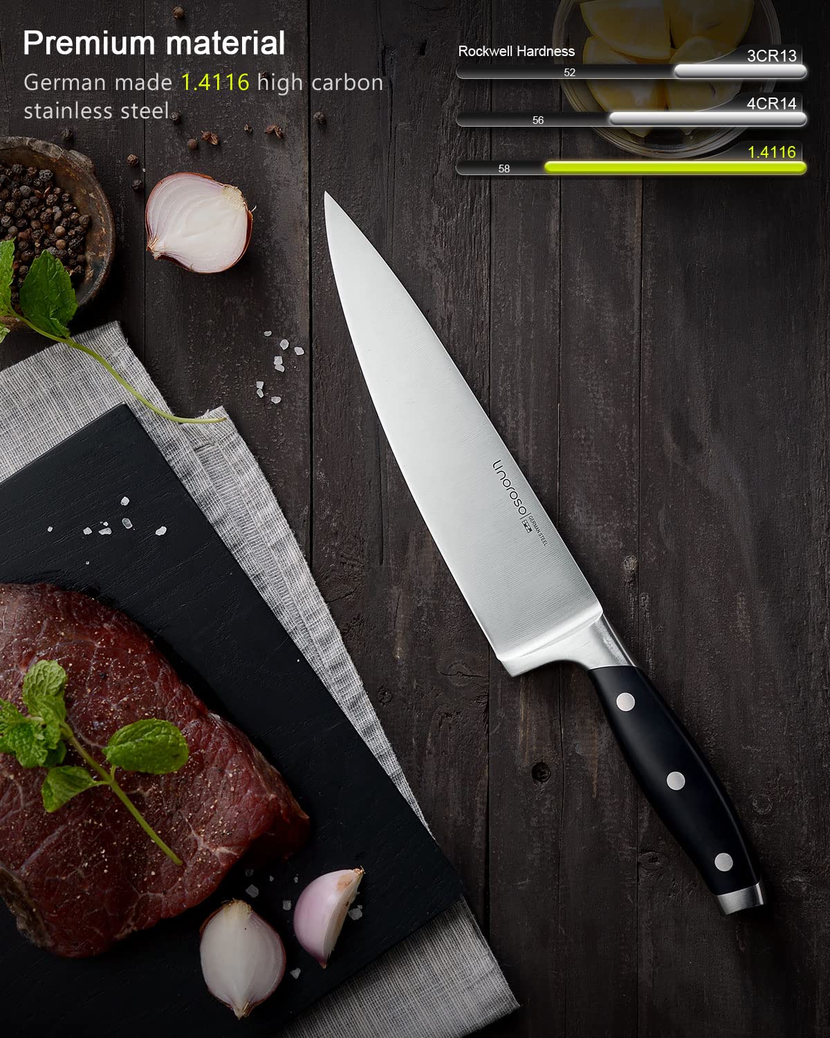 linoroso Chef Knife - Professional Pro Kitchen Knife 8 inch Chef's Knives, German High Carbon Stainless Steel Ultra Sharp Cooking Knife with Full Tang Ergonomic Handle - Classic Series
