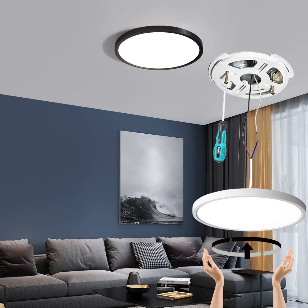 TALOYA LED Ceiling Light Office Black,3 Color Temperatures in One(3000k/4000k/6000k),15.8 Inch Thin Flat Modern Flush Mount LED Light Fixture for Living Room,24w Round