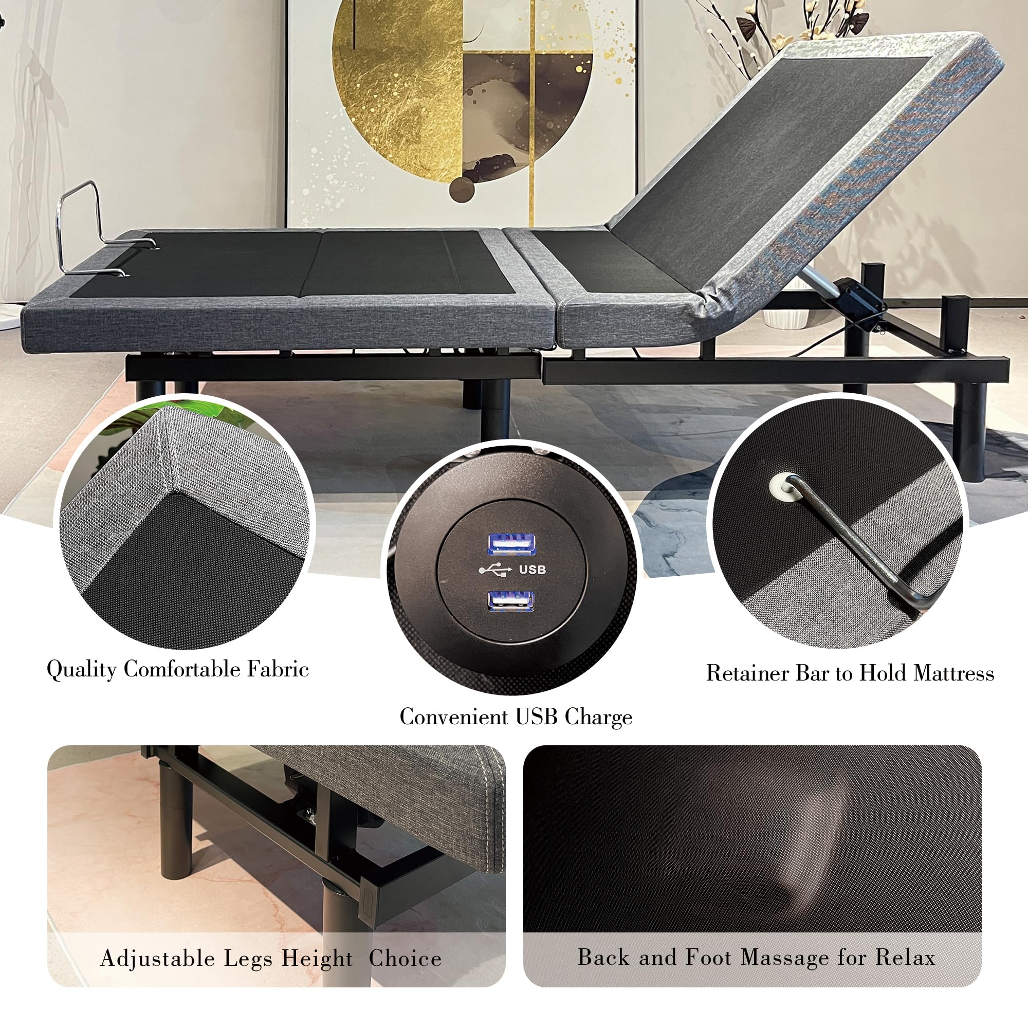 LINPOZONE Pain Relieving Ideal Base Adjustable Bed Frame Twin XL,Massaging Zero Gravity Adjustable Bed Base, Electric with 3 Speed Head & Foot Massage, Wireless Remote, 4 USB Ports Charge