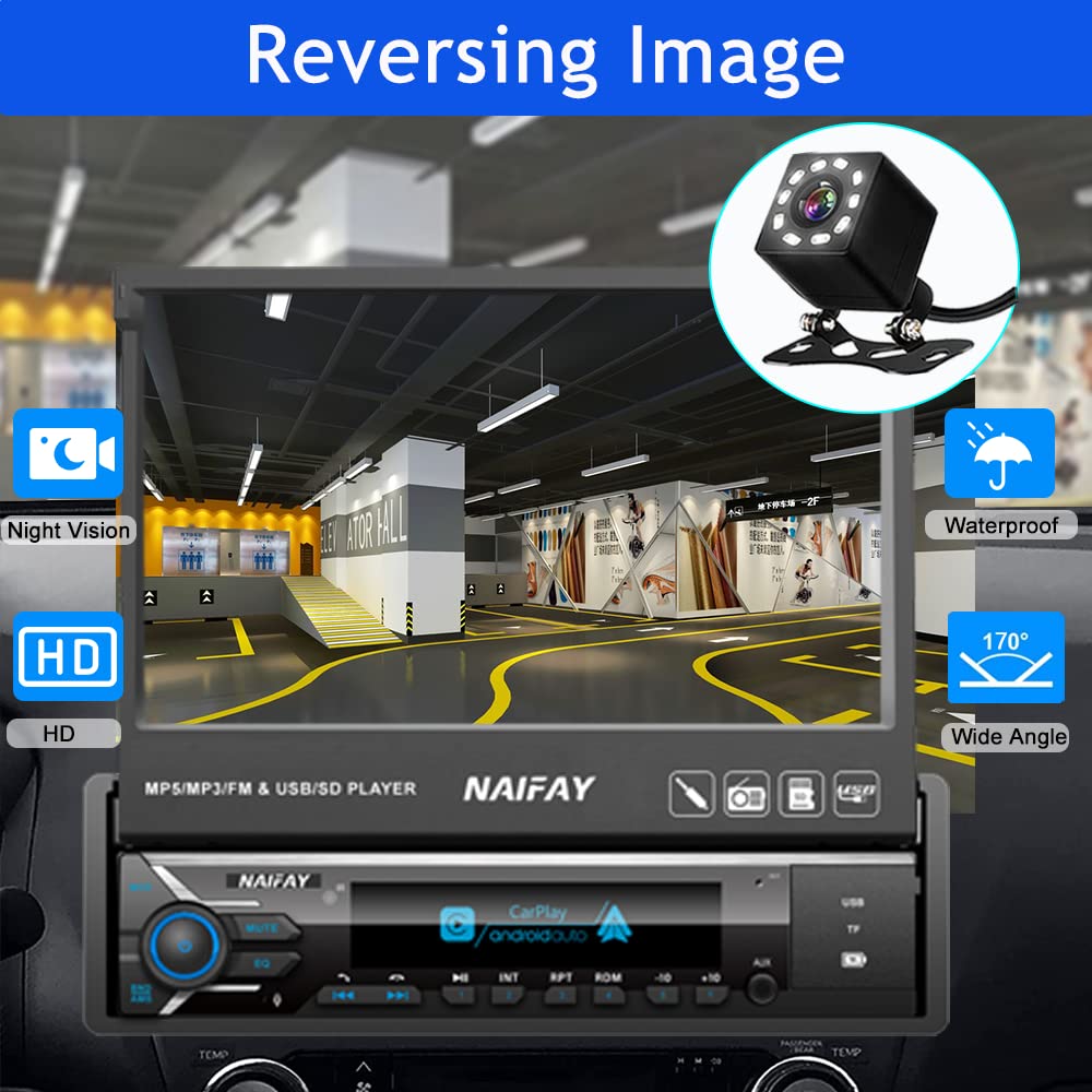 Single Din Touchscreen Car Stereo with Apple Carplay and Android Auto,7 inch Flip Out Screen Car Stereo with Bluetooth Foldable Car Audio Receiver with Backup Camera Mirror Link/FM/USB/AUX/TF
