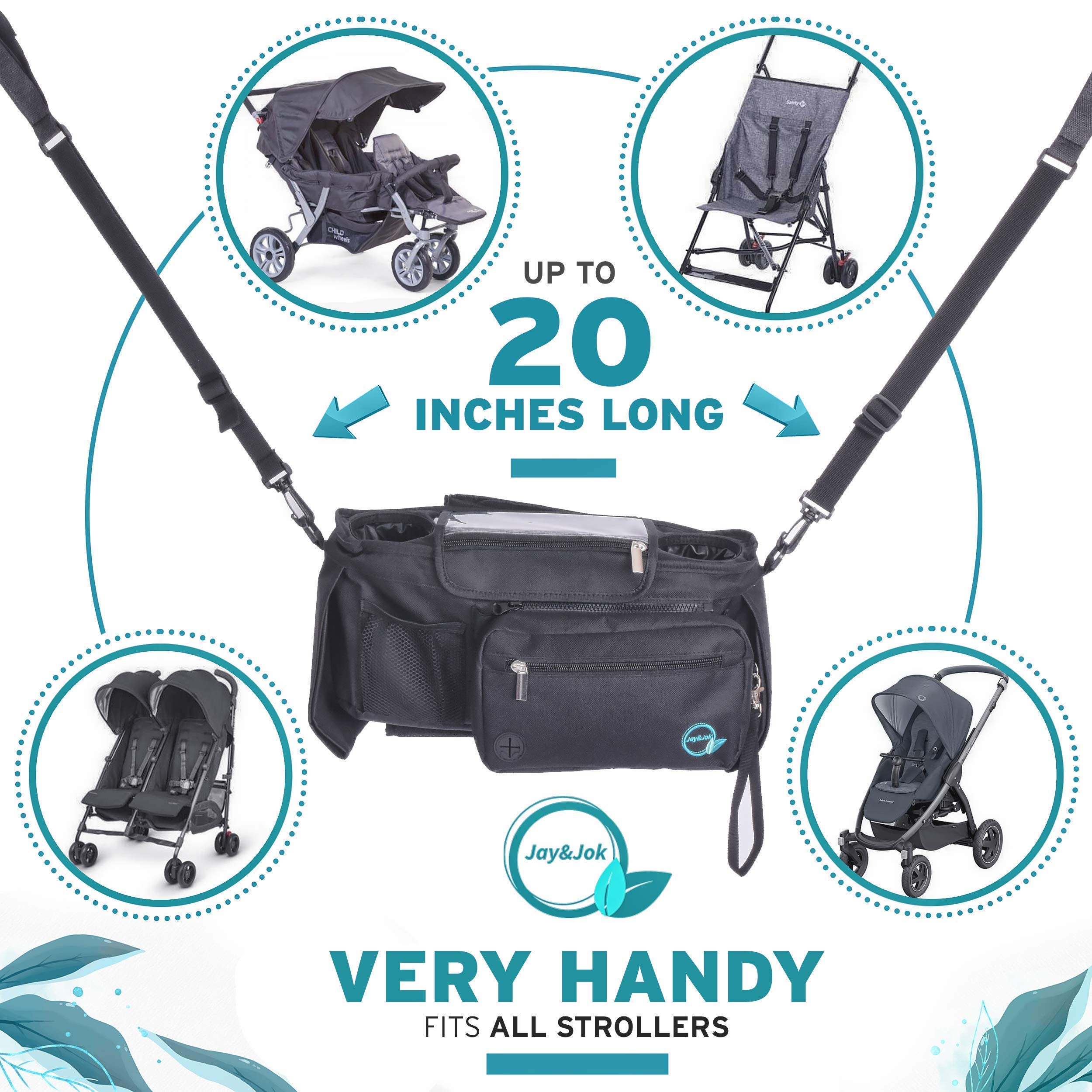 mcyiqihai Jay&JOK Stroller Organizer Bag with Cup Holders, Wipe Dispenser, Detachable Bag, Mirror for Moms. Waterproof Changing Pad, Non-Slip & Shoulder Strap Fit All Baby and Pet Stroller