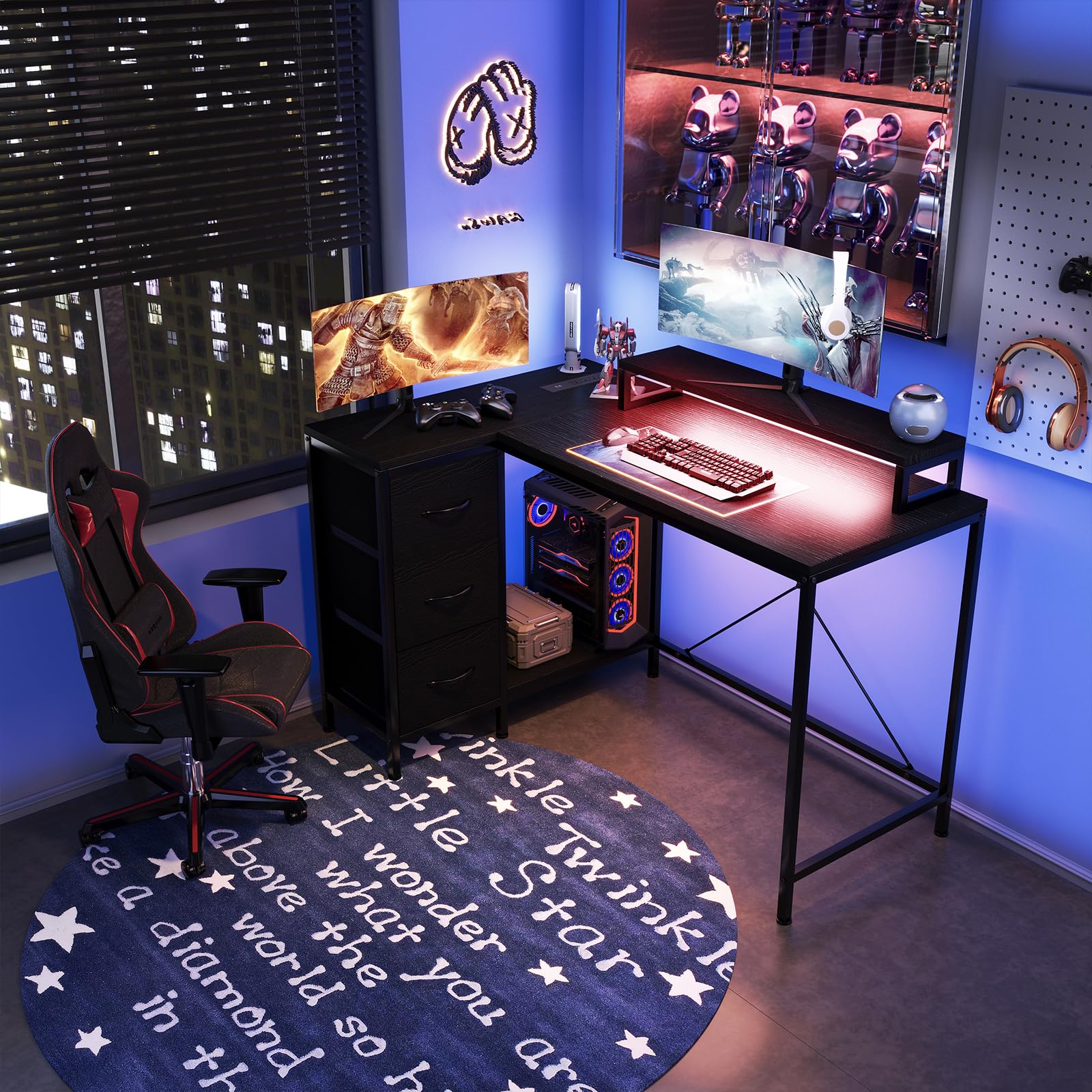 LIVEHOM L Shaped Desk with Power Outlets & LED Lights, Computer Desk with Drawers & Shelves, Corner Desk Gaming Desk Home Office Desk