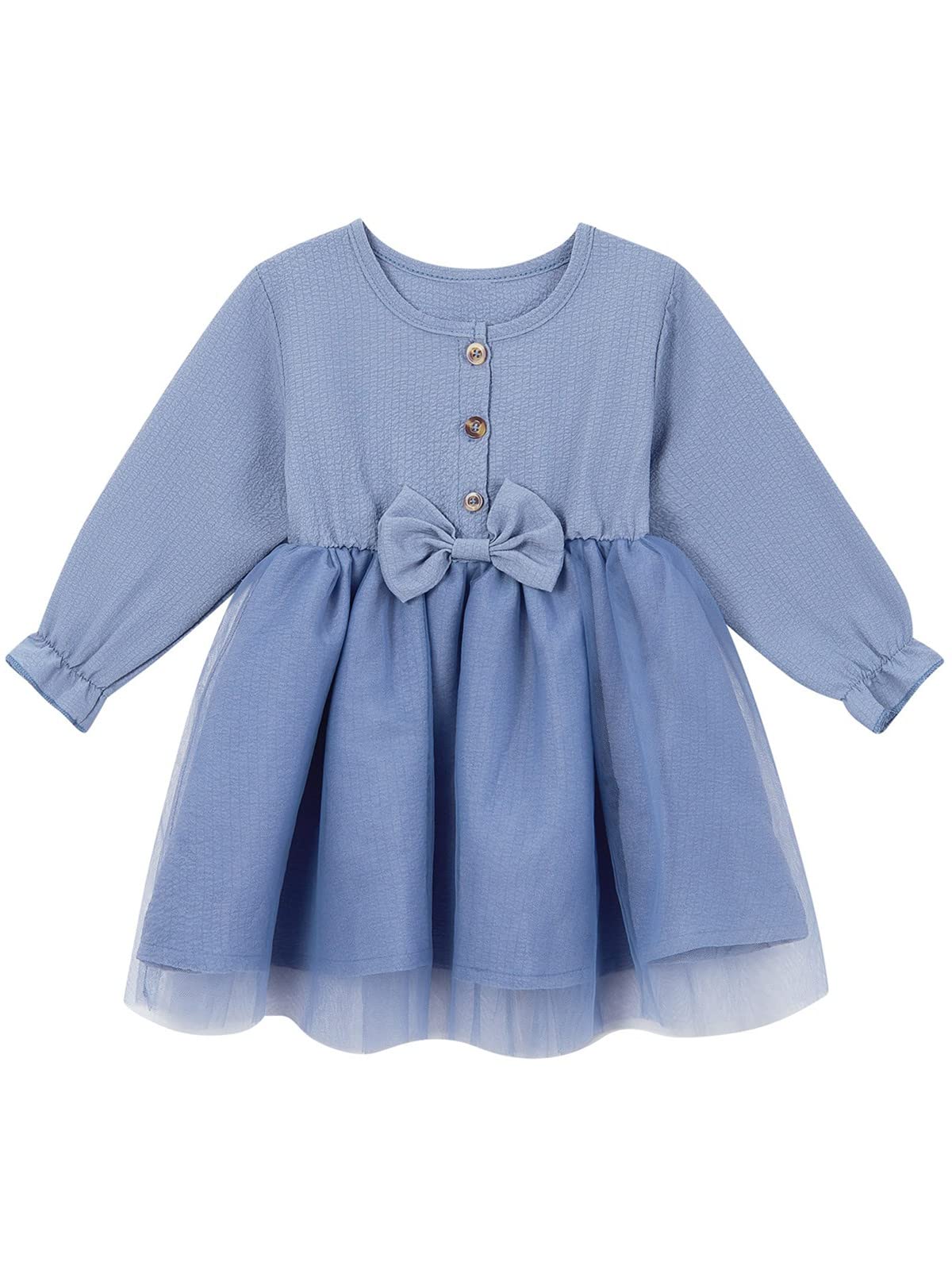 Toddler Long Sleeve Dress 2T 3T Girl Blue Fall Dresses A-Line Bowknot Single-Breasted Outfits