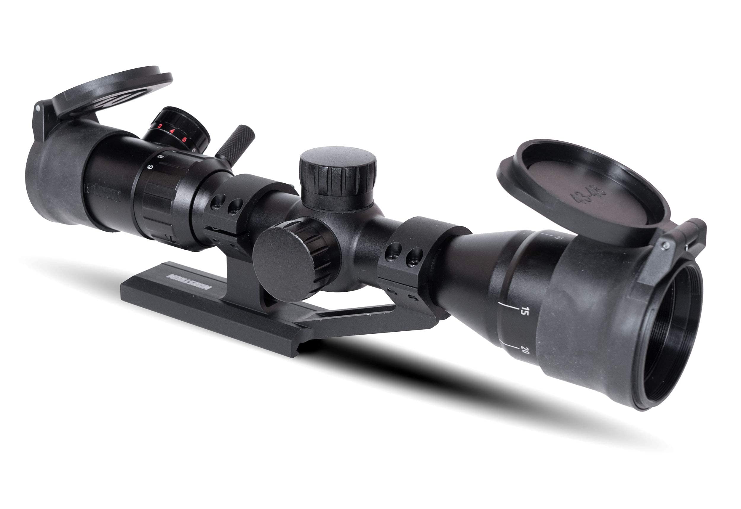 Monstrum 3-9x32 AO Rifle Scope with Illuminated Range Finder Reticle and Parallax Adjustment | ZR255 H-Series Offset Scope Mount | Monstrum Flip Up Lens Cover Set | Bundle