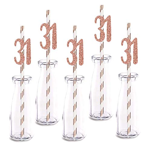 Rose Happy 31st Birthday Straw Decor, Rose Gold Glitter 24pcs Cut-Out Number 31 Party Drinking Decorative Straws, Supplies
