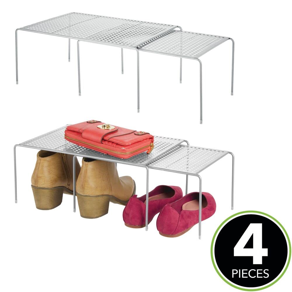 mDesign Adjustable Raised Metal 4-Piece Closet Stacking Organizer, Expanding Storage Shelf - Bedroom, Hall, Entryway Closets, Non-Skid Feet, Hold Hats, Shoes, Bags, Concerto Collection, 2 Pack, Silver