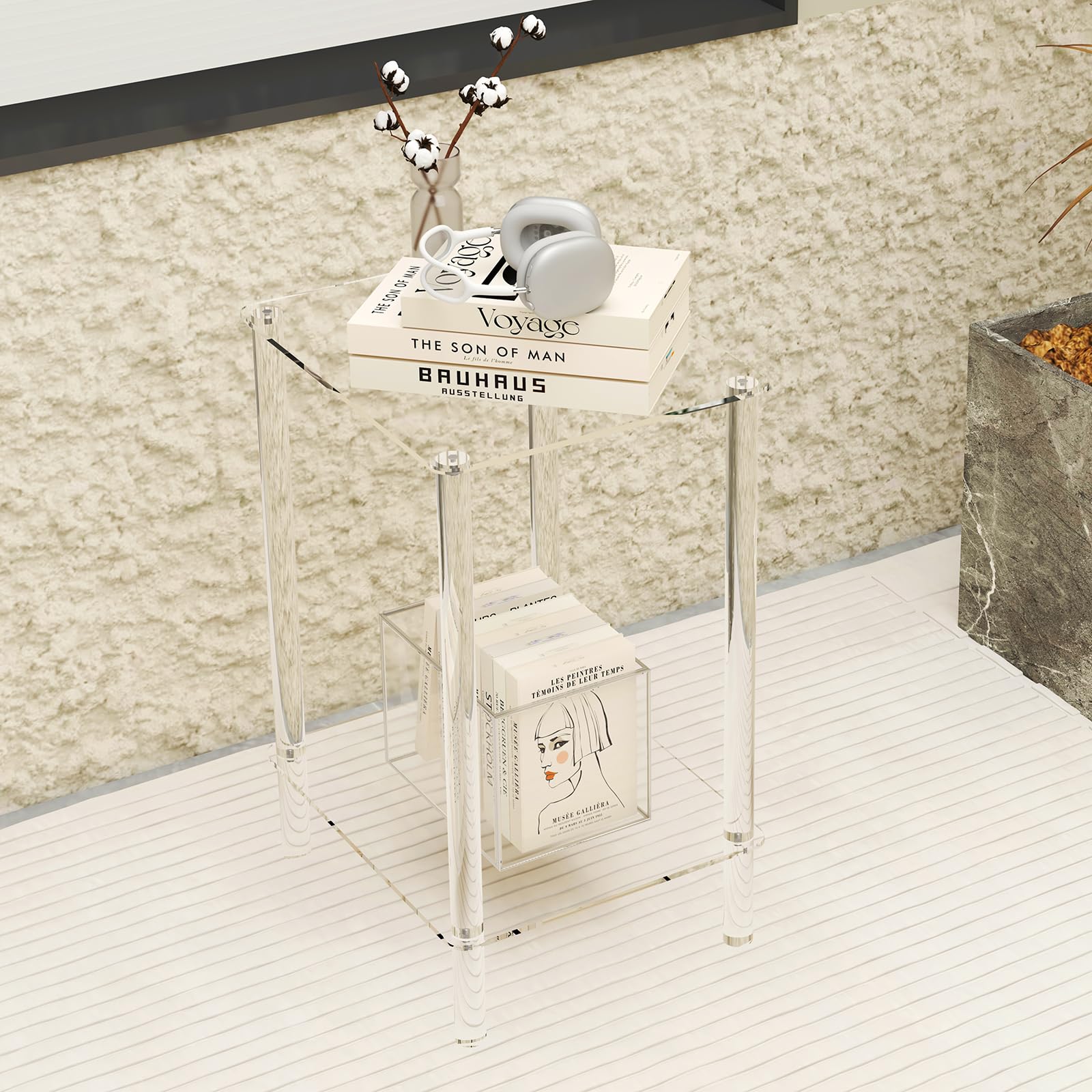 KMANDLU Premium Clear Acrylic Side Table Set - 2-Tier End Table, Nightstand, Coffee Table - Ideal for Small Spaces - Modern Acrylic Furniture