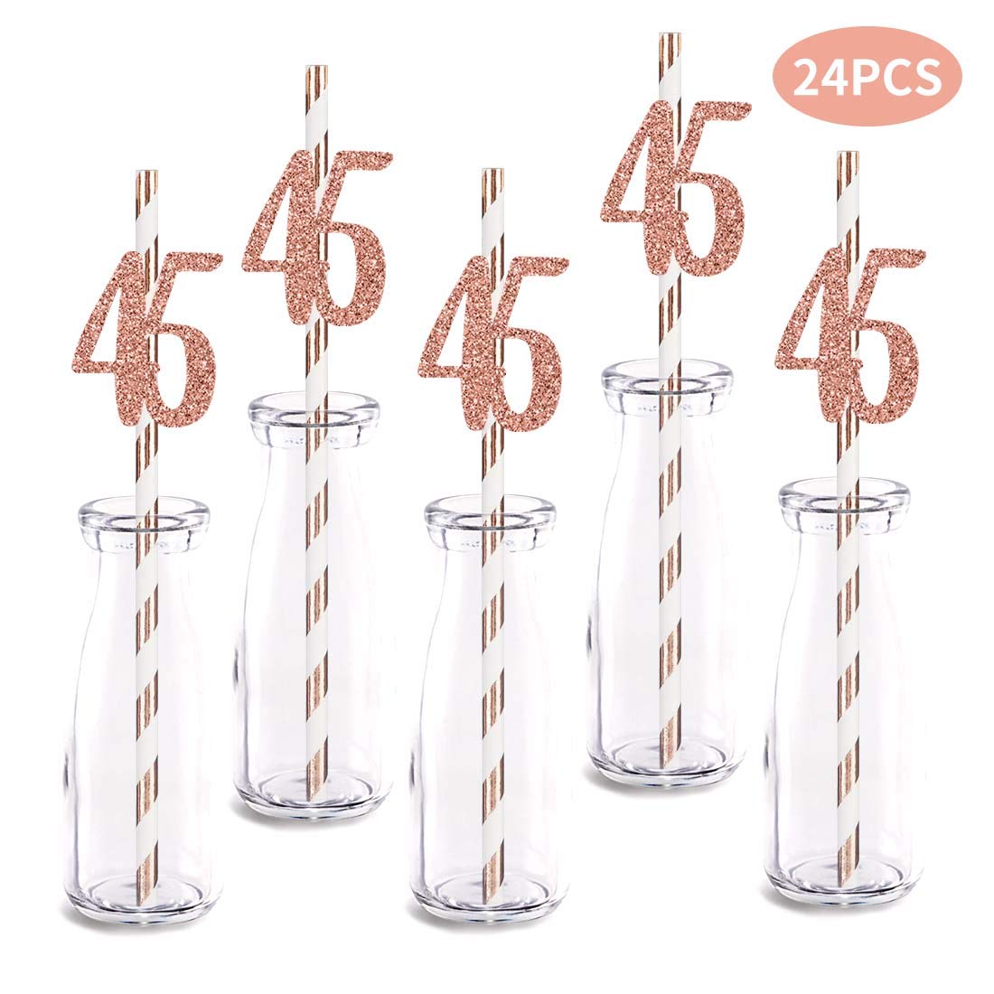 Rose Happy 45th Birthday Straw Decor, Rose Gold Glitter 24pcs Cut-Out Number 45 Party Drinking Decorative Straws, Supplies