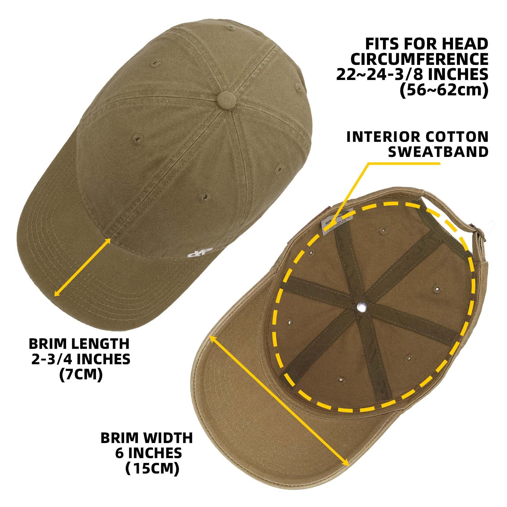RRvane Classic Cotton Baseball Cap, Unstructured Adjustable Dad hat with Vintage Washed (Khaki)