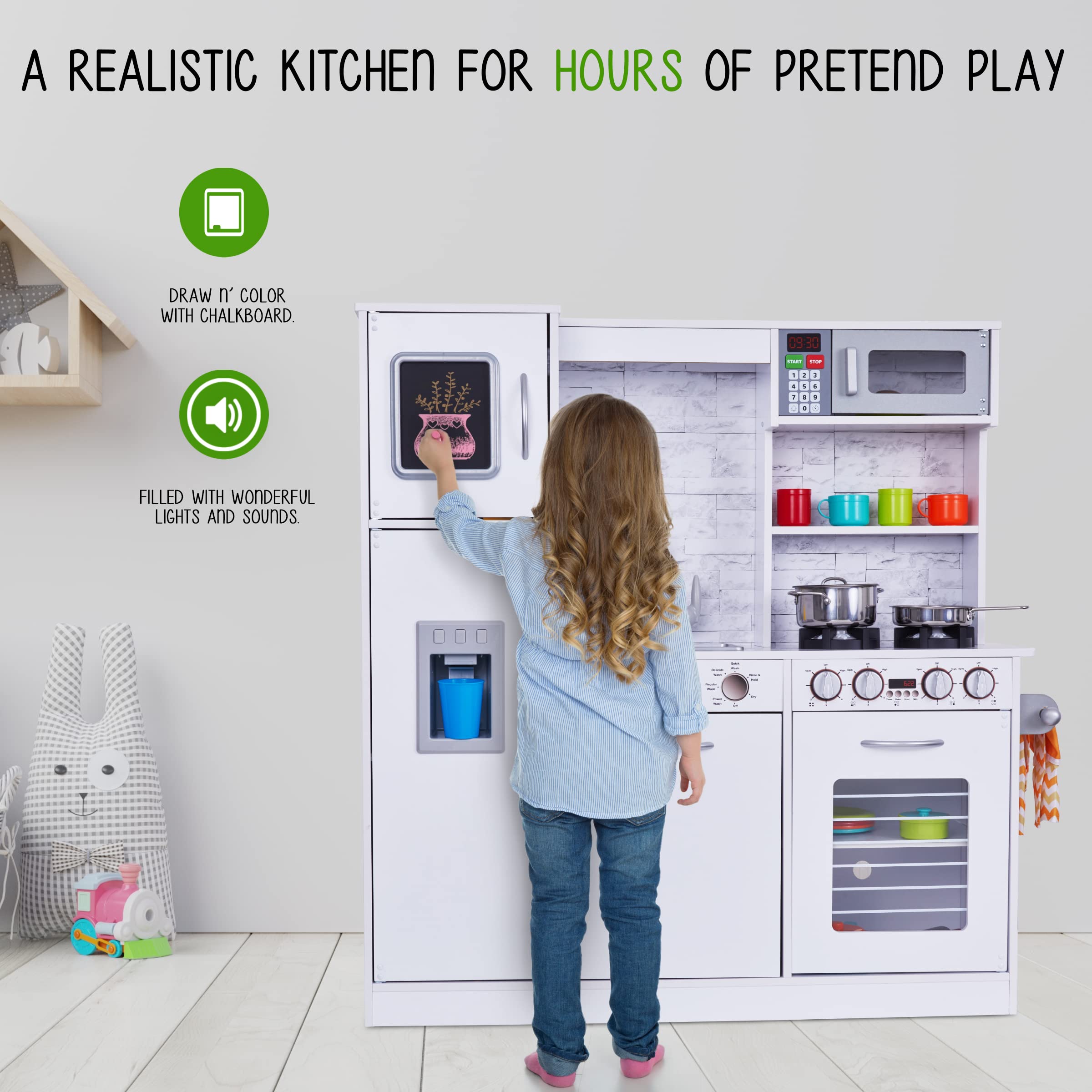 Lil' Jumbl Kids Kitchen Set, Pretend Wooden Play Kitchen, Battery Operated Icemaker, Burners, Faucet & Microwave Makes Realistic Sound & Light, Pots & Pan Included - White