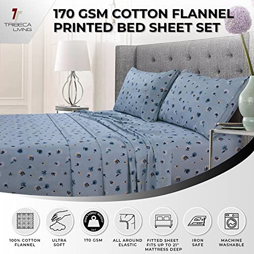 Tribeca Living Floryn 170-GSM Ultra-Soft Flannel Extra Deep Pocket Sheet Set, Oversized Flat, Queen, Light Blue (FLORYNSHEQUBL)