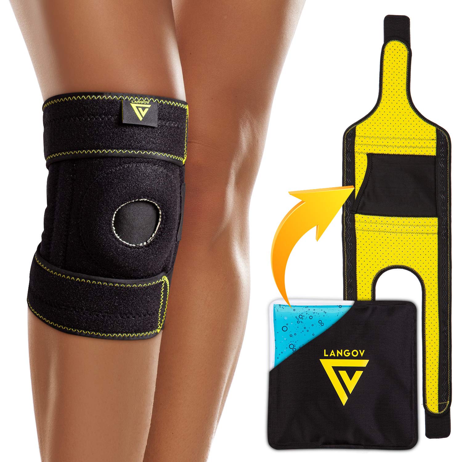 LANGOV Knee Brace For Knee Pain For Women & Men β Knee Compression Sleeve - Open Patella Knee Support With Adjustable Straps β Relieves Pain - Stablizer Wraps For Running, Working Out, Weightlifting