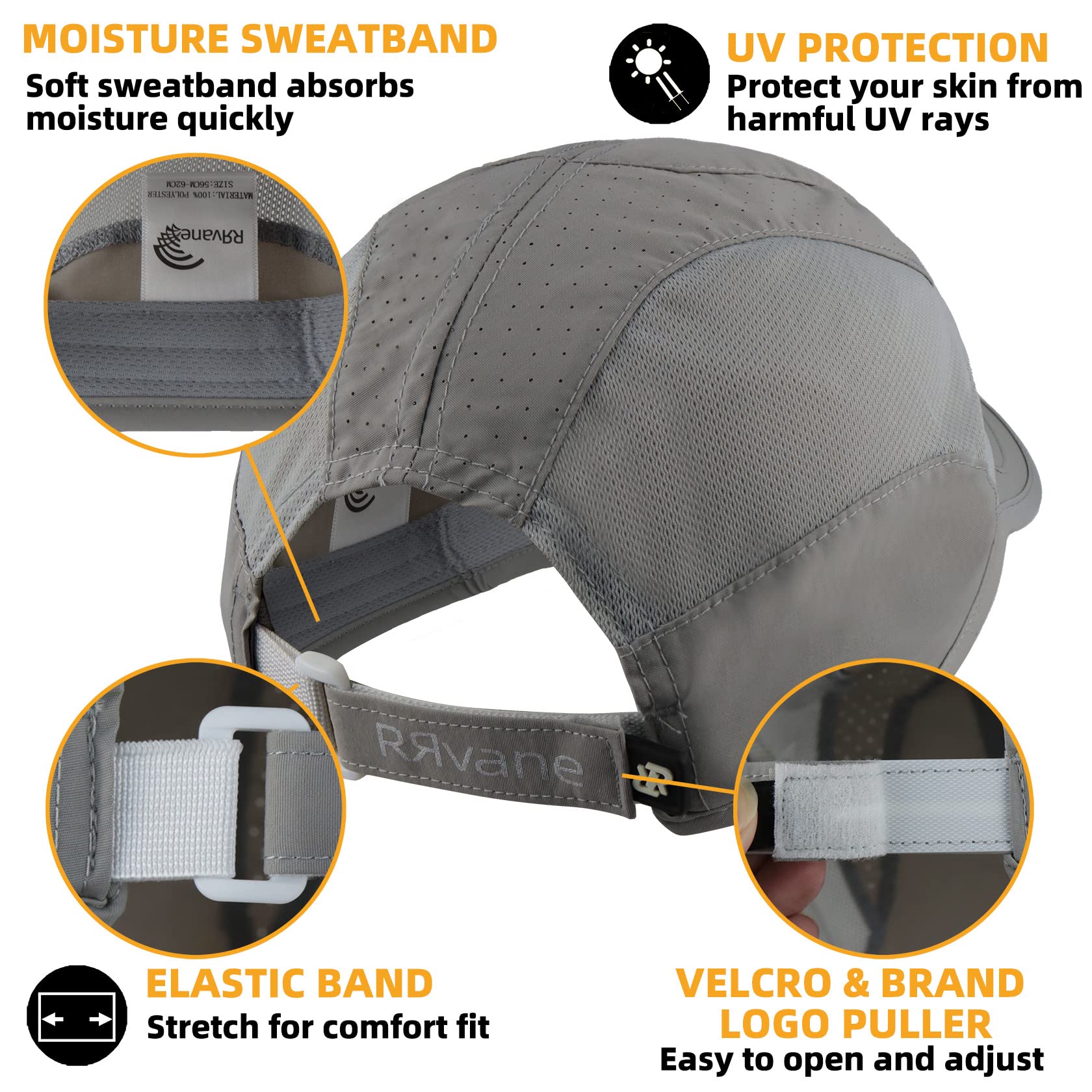 RRvane Unstructured Outdoor Sports Hat Polyester Quick Dry Running Cap, Unisex Baseball Cap Fit for 22"~24-3/8" (Light Grey)