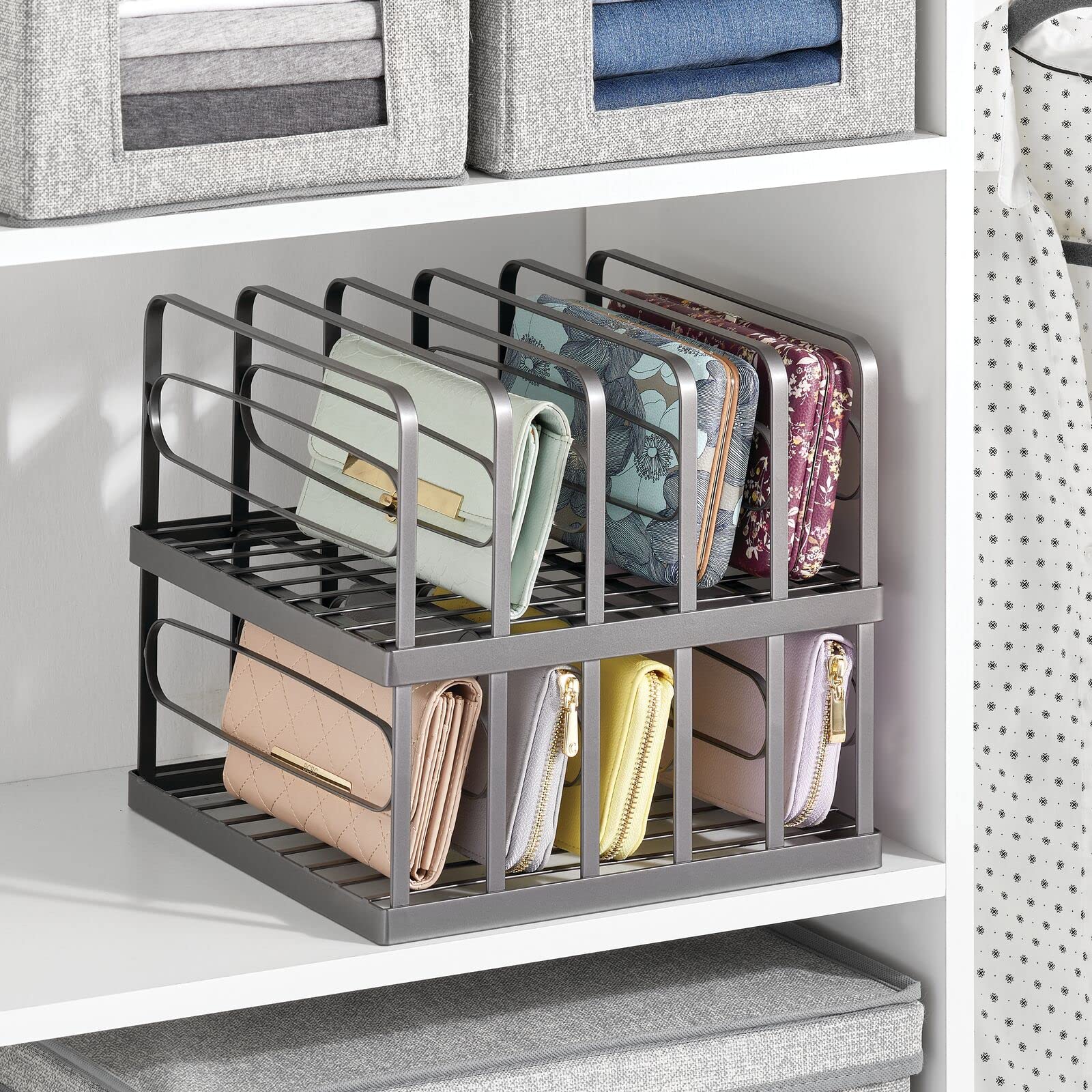 mDesign Metal Divided Stackable Purse Organizer for Closets, Bedrooms, Dressers, Shelves - Closet Shelf Storage Solution for Purses, Clutches, Wallets, Accessories - 5 Sections, 2 Pack - Graphite Gray