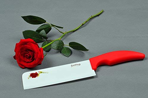 Sailing. Elegant 6.5-inch Ceramic Chef's Knife, Red Handle,White Blade with Red Flower - Best Kitchen Ceramic Cutlery, Featuring Designs