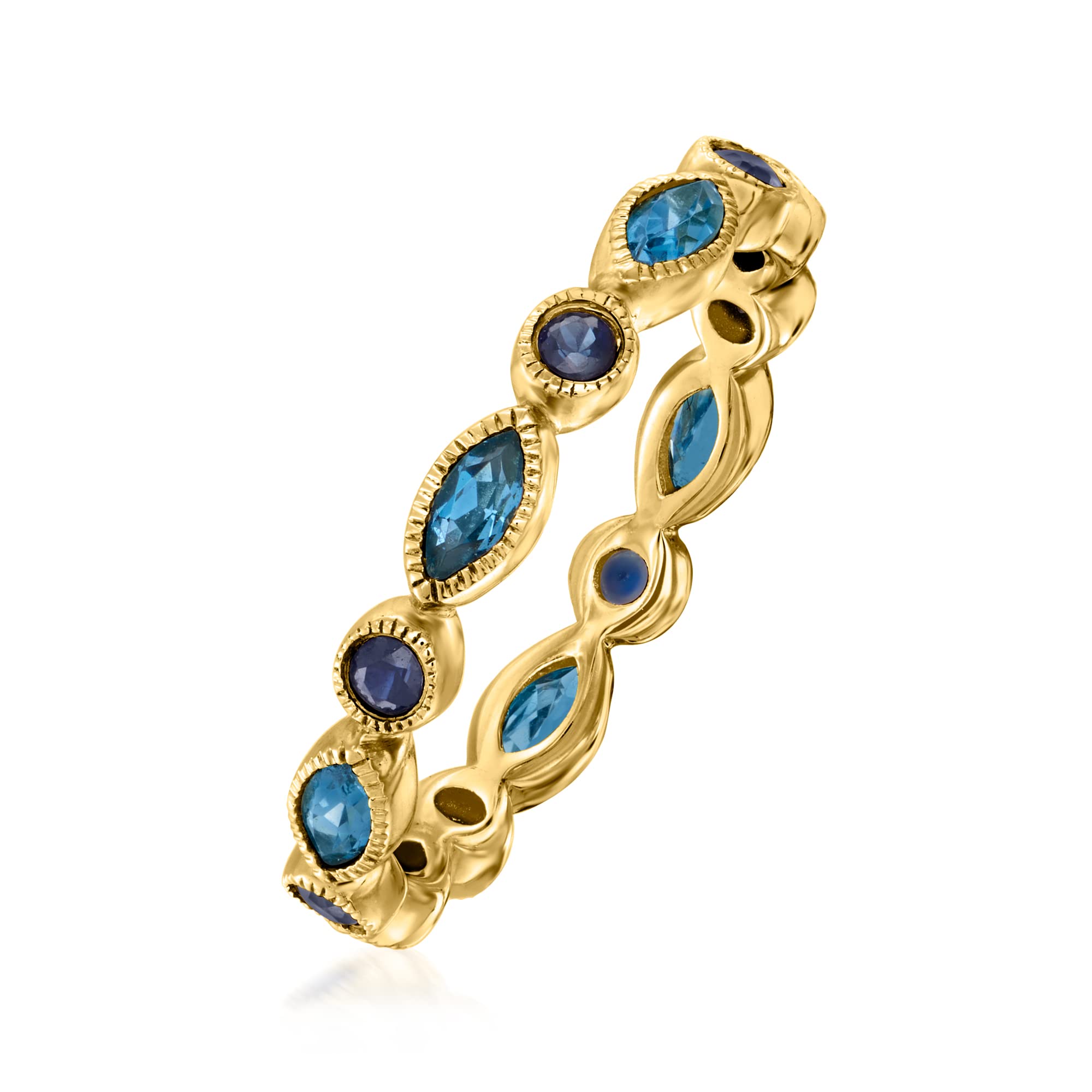 RS Pure by Ross-Simons 0.70 ct. t.w. London Blue Topaz and .30 ct. t.w. Sapphire Geometric Eternity Band. Size 6