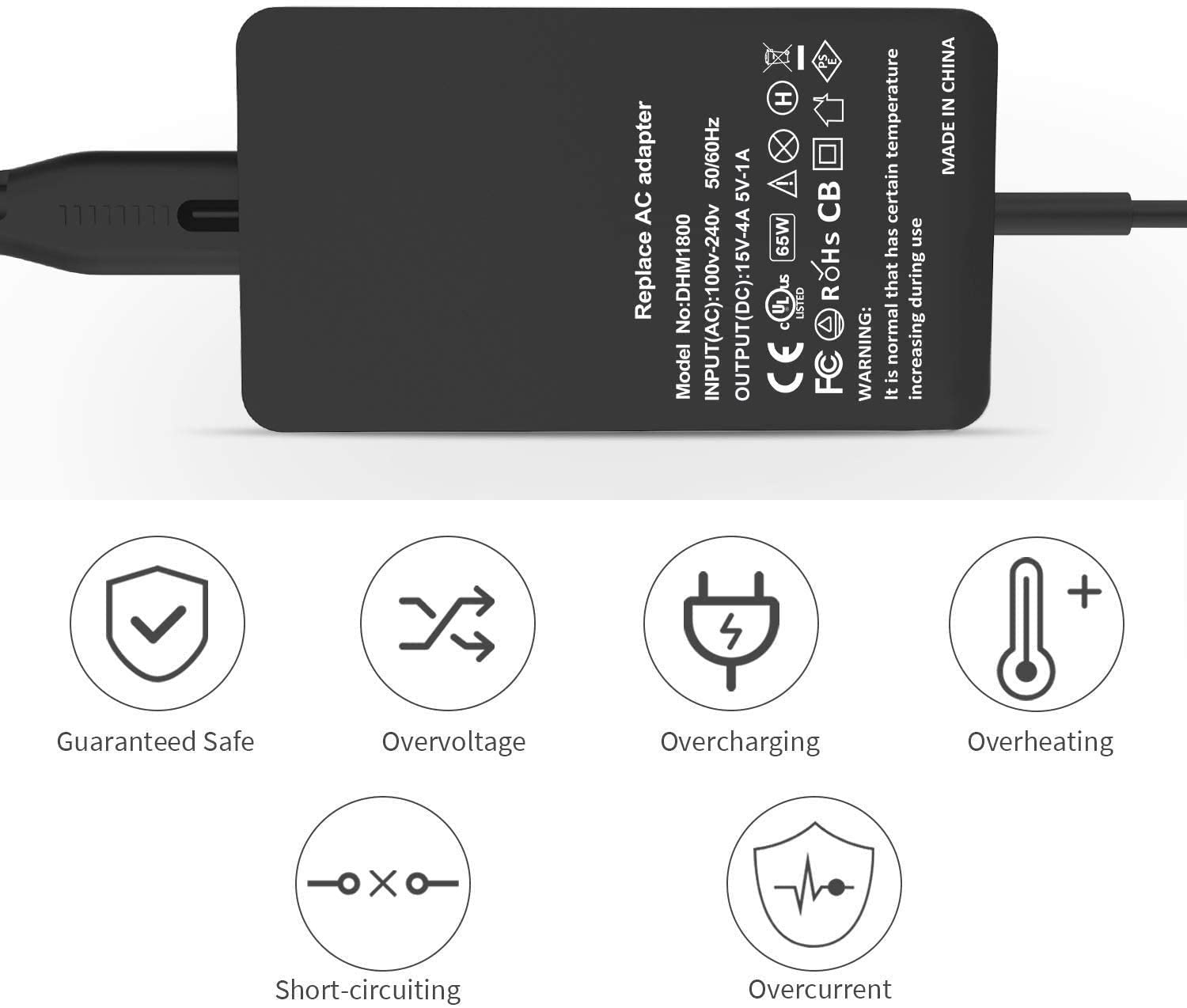 Surface Laptop Charger Surface Pro Charger 65W 15V 4A Power Supply Compatible Microsoft Surface Pro X/9/8/7/6/5/4/3 Surface Laptop1/2/3/4 Surface Go1/2/3 Surface Book 1/2/3 with USB Charging Port