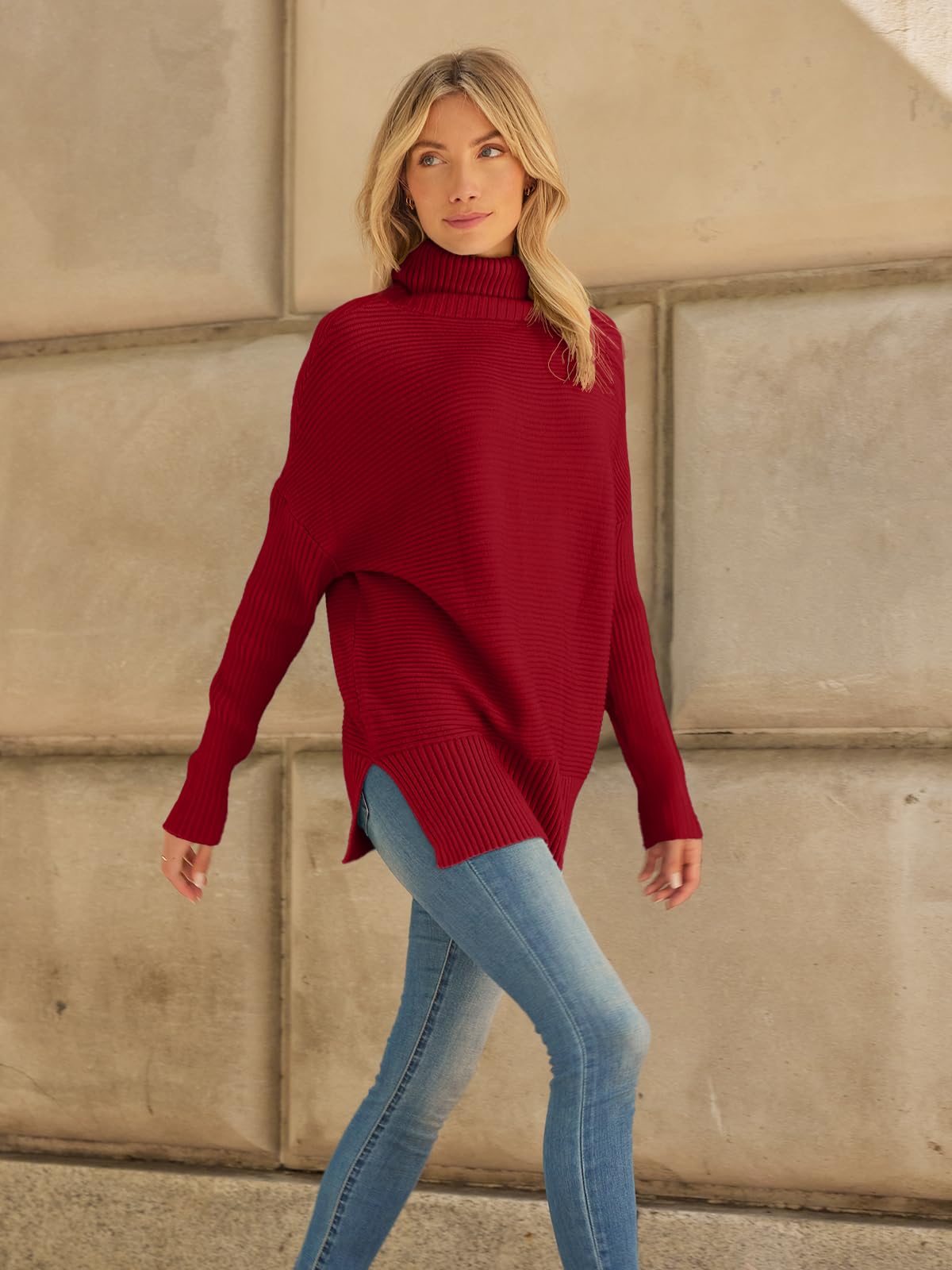LILLUSORY Women's Christmas Red Turtleneck Oversized Holiday Tunic Fall Winter Sweaters Dress 2024 Batwing Pullover Knit Tops