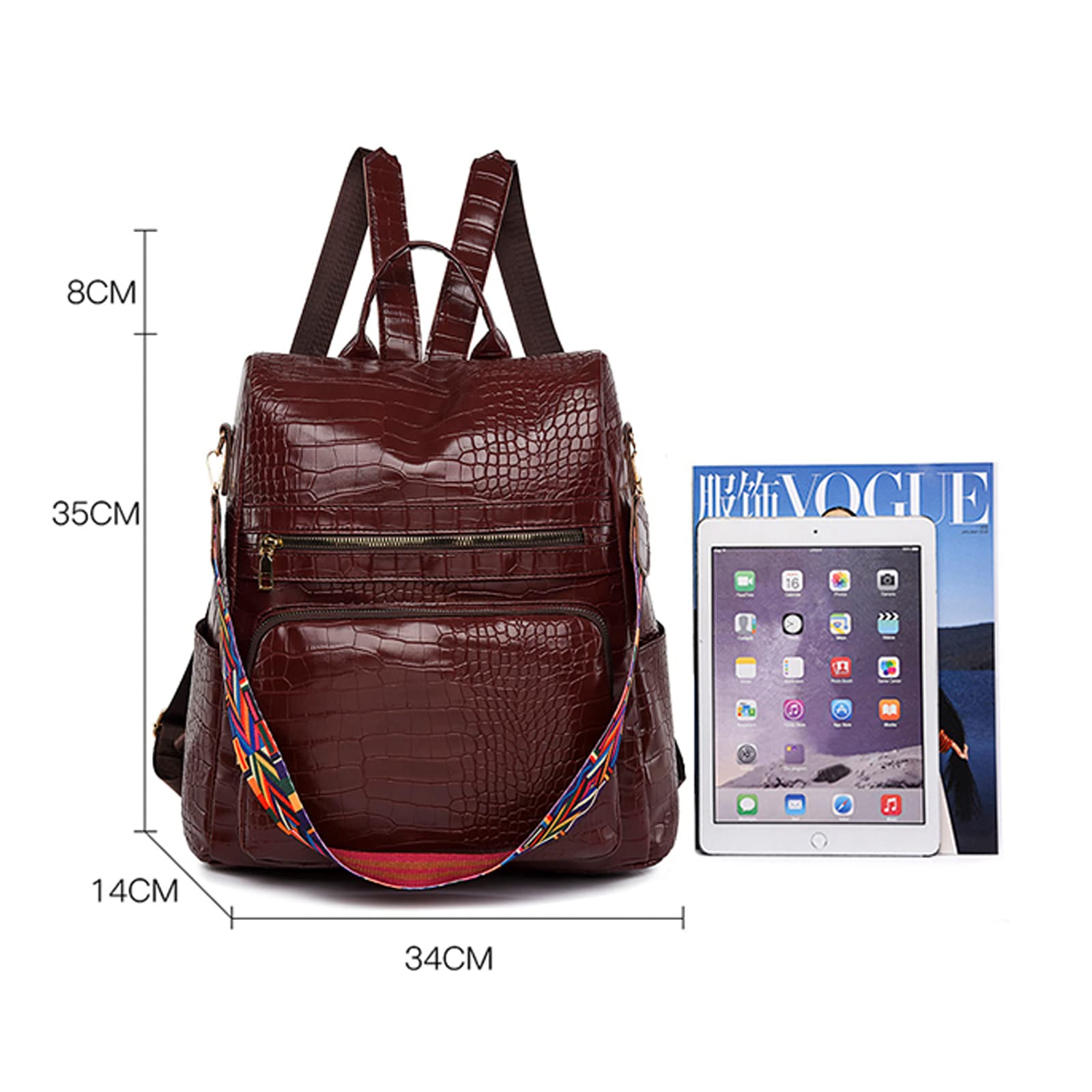 PIDOIM Crocodile Pattern Backpack Purse for Women PU Leather Multipurpose Design Travel Bag Fashion Handbags Shoulder Bag Gift-Reddish Brown