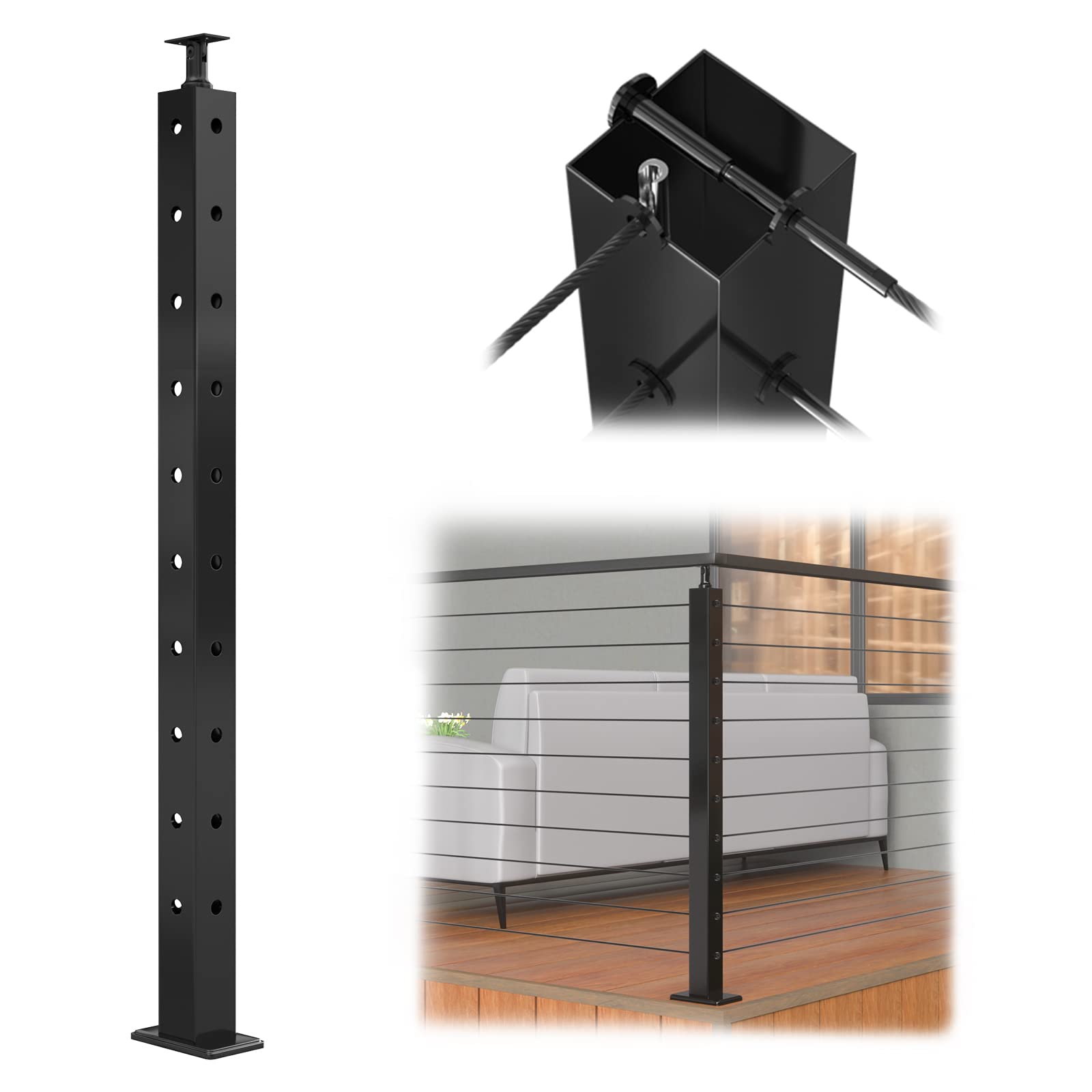 Muzata T-drilled Three Sides Post 36"x2"x2" Adjustable Top Cable Railing Post Top Mount Stainless Steel Black Finish Wood Concrete Level Deck, PS01 B34S