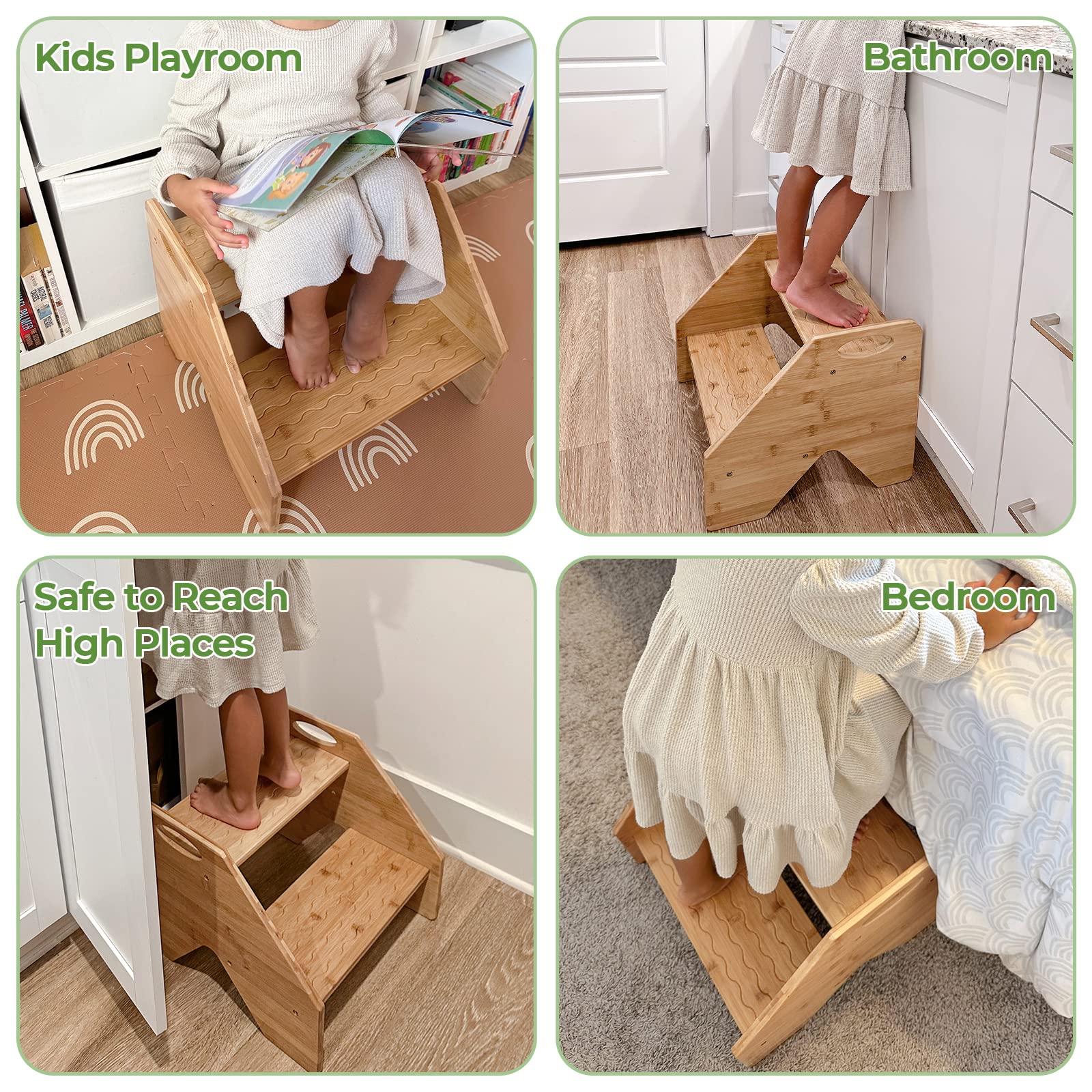 TrueYee Step Stools for Kids, Wooden Toddler Step Stool with Anti-Slip Mats and Handles, Kitchen Step Stool Kids Step Stools for Toddlers Bathroom, 2 Stepping Stool for Kids, 300 lbs