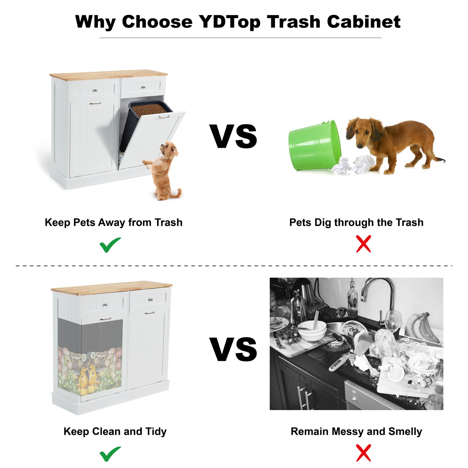 YDTOP Double Trash Can Cabinet, Trash Cabinet Tilt Out 20 Gallon, Wood Garbage Recycling Station Hideaway Trash Holder Drawers, Kitchen Dog Proof Trash Can(White)