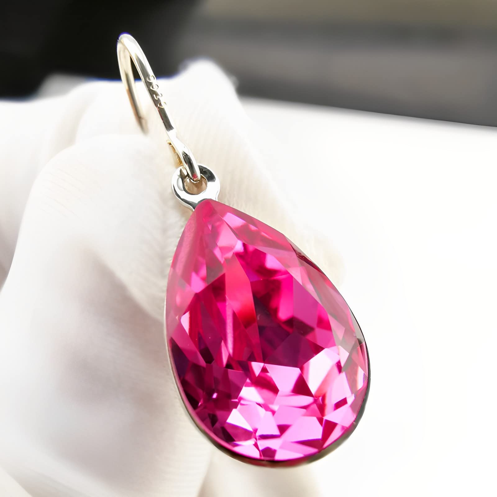 Pink Dangle Earrings for Women, 925 Sterling Silver White Gold Plated Austrian Pink Crystal Drop Earrings