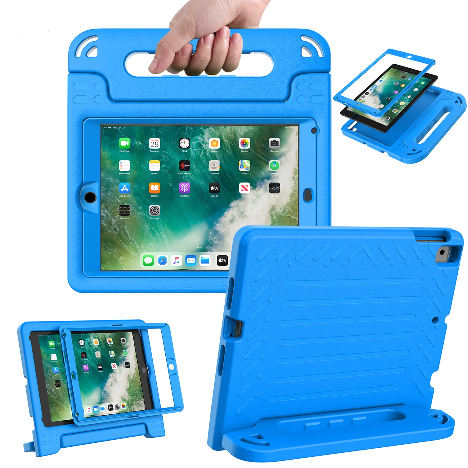 TIRIN 9.7-Inch Case, Kids Case for iPad 6th/5th Generation 2018/2017, iPad Air 1/2 & iPad Pro 9.7 Case with Built-in Screen Protector, Durable Shockproof Protective Cover with Convenient Handle, Blue