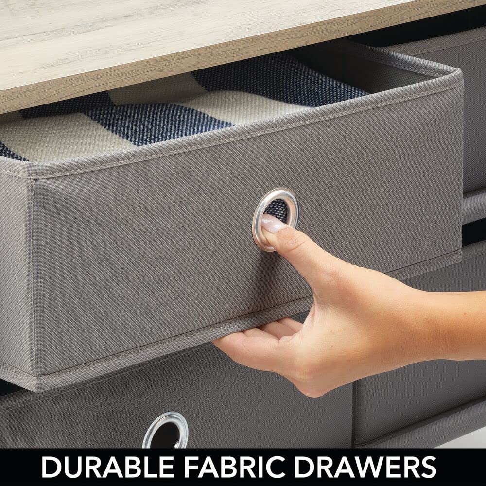 mDesign Storage Bench with 4 Drawers - Sturdy Steel Frame, Wood Top, Easy Pull Fabric Bins - Organizer Unit for Bedroom, Hallway, Entryway, Closets - Dark Gray/Gray