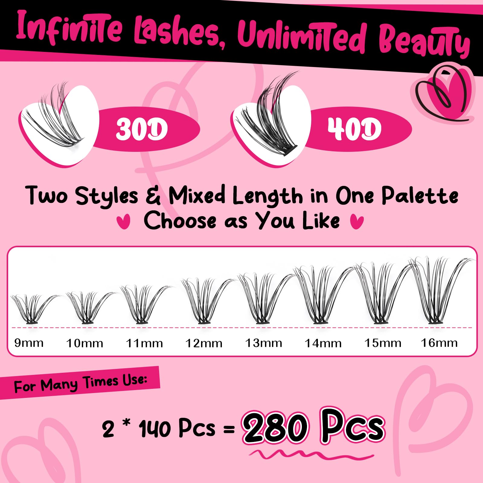 Lash Extension Kit 280Pcs Lash Clusters Eyelash Extension Kit with Lash Bond and Seal Lash Remover Lash Applicator Individual Lashes Kit Eyelash Brush Easy to Apply at Home(30D+40D-9-16mix Kit)