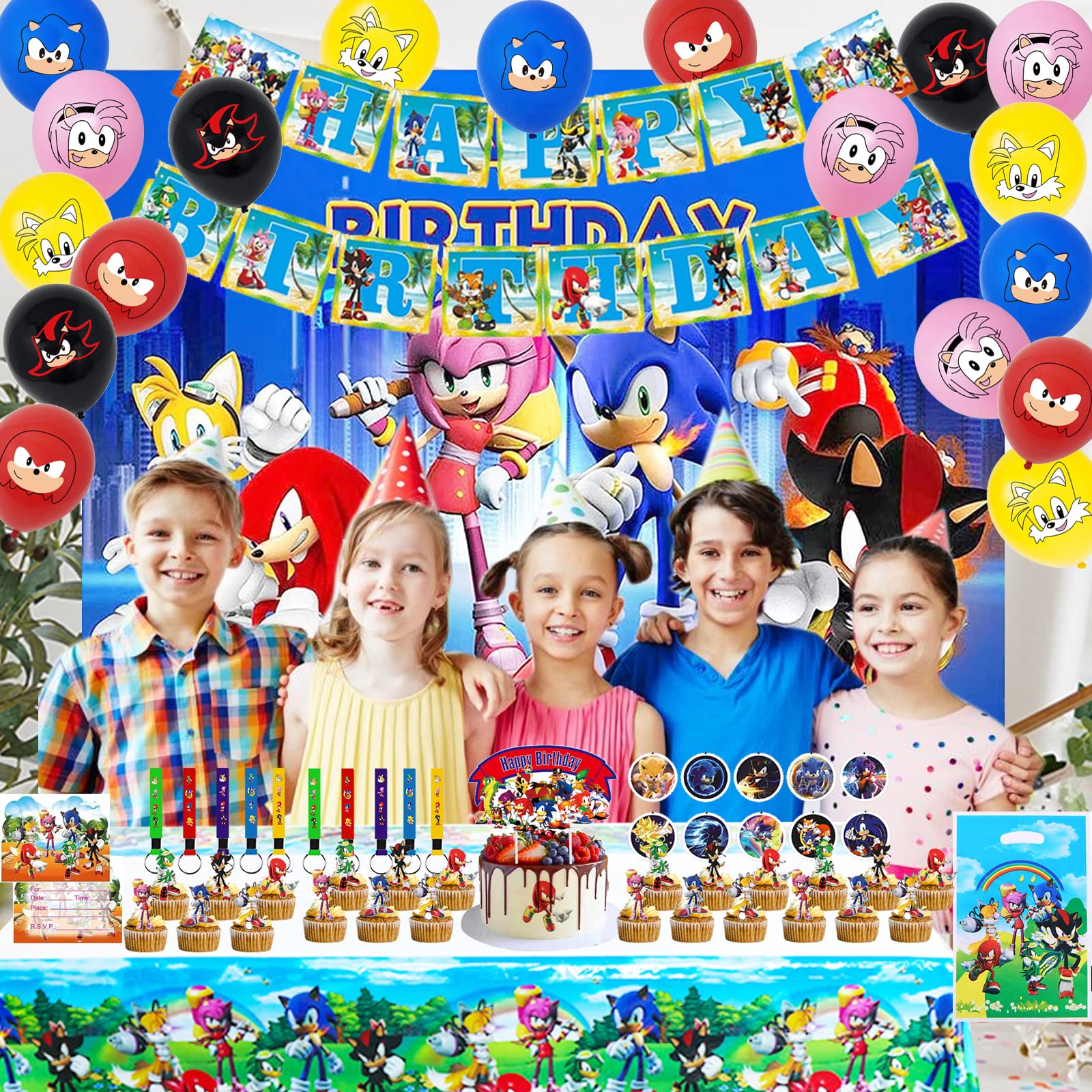 Sonic Birthday Party Supplies Party Decorations Party Favors Gift Set Include Backdrop,Bracelets,Key Chain,Button Pins,Banner, Balloons, Cake Cupcake Toppers